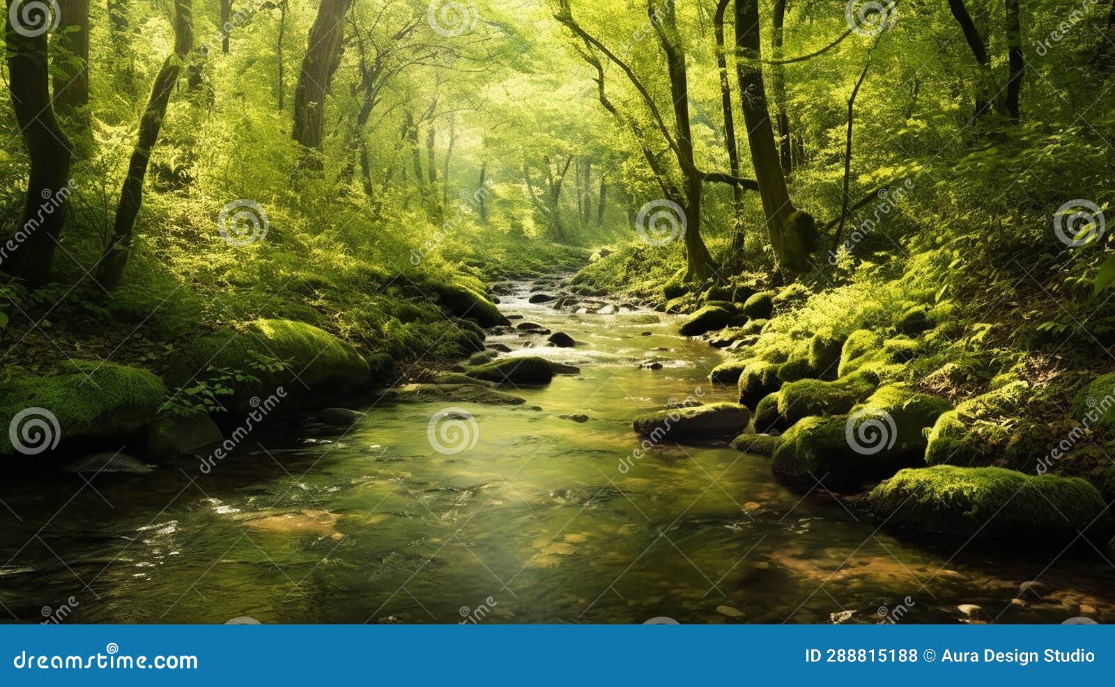 Green Forest in Sunlight with Forest Stream. Stock Photo - Image of ...