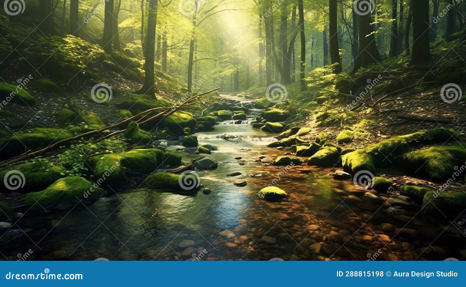 Green Forest in Sunlight with Forest Stream. Stock Photo - Image of ...