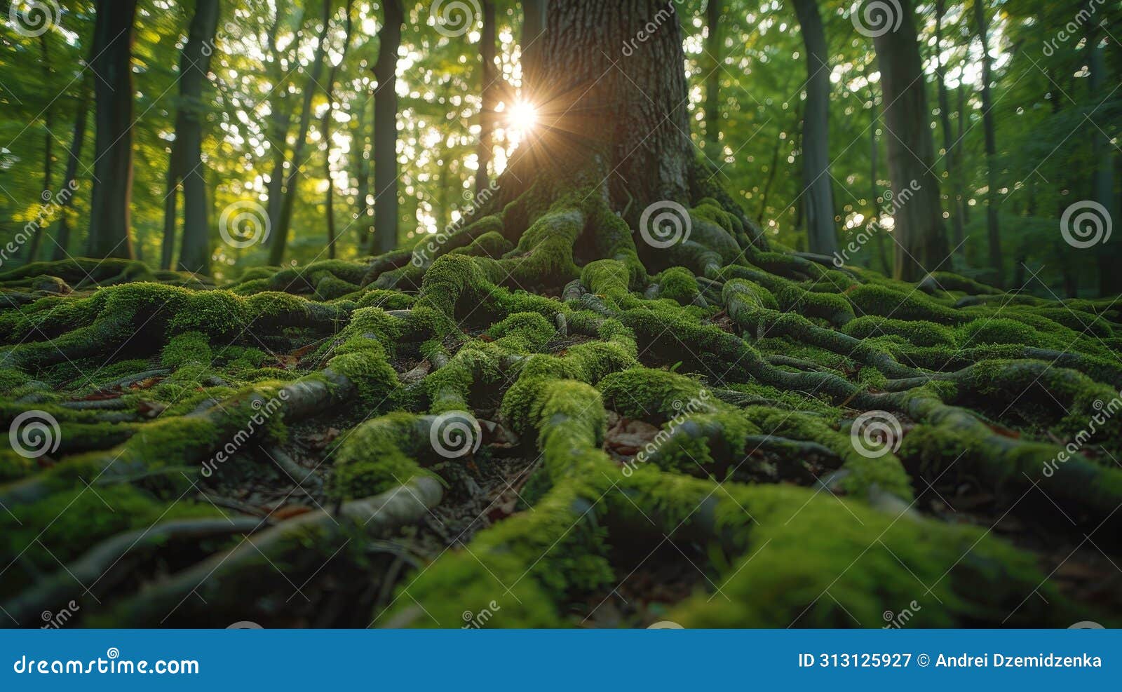 In a Green Forest on a Sunny Day, Old Tree Roots Covered in Moss Grow ...
