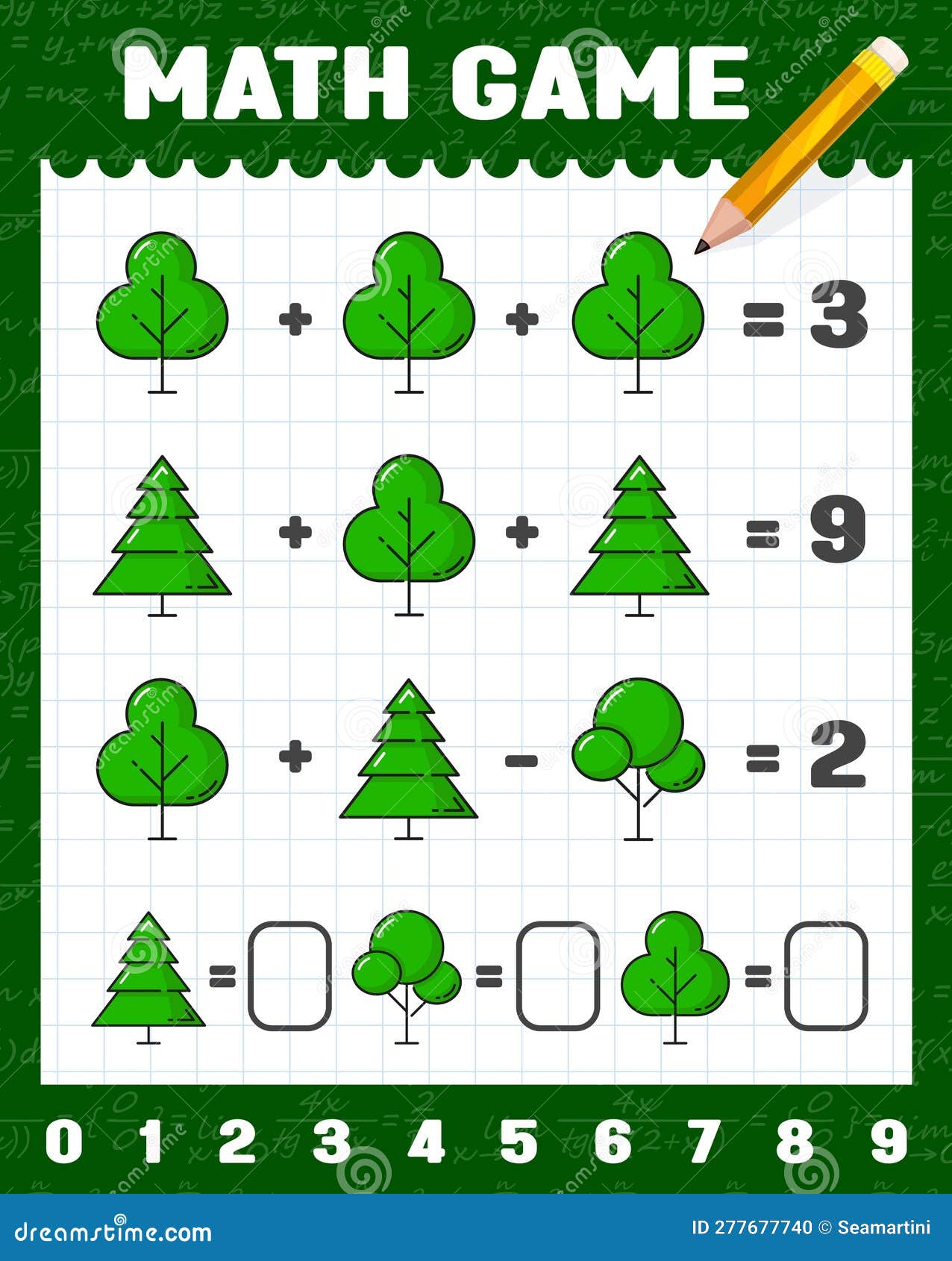 Green Forest Trees Math Game Worksheet Riddle Stock Vector ...