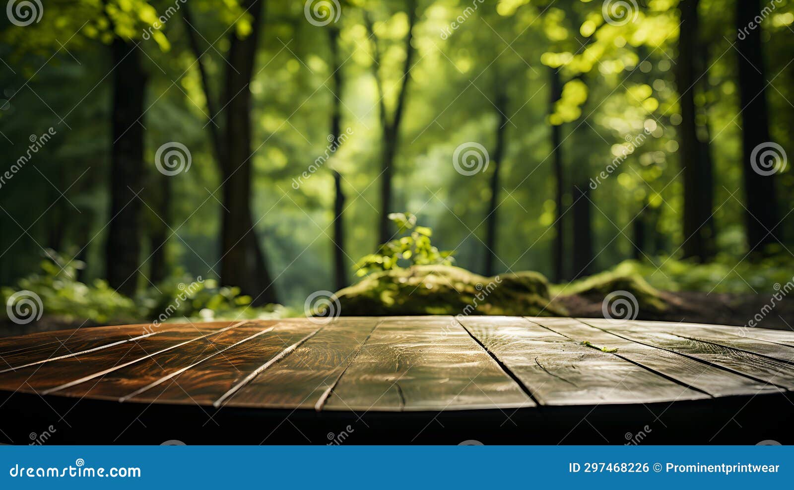 In a Green Forest, a Wooden Table Stands, Surrounded by Tall Trees ...