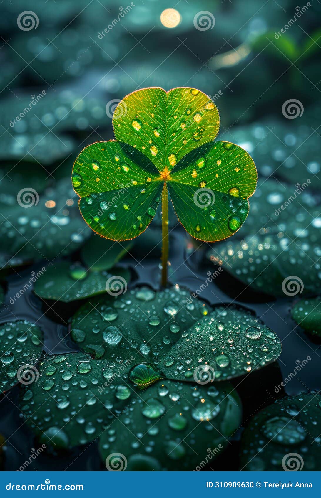 Green Four Leaf Clover with Dew on it Stock Photo - Image of beauty ...