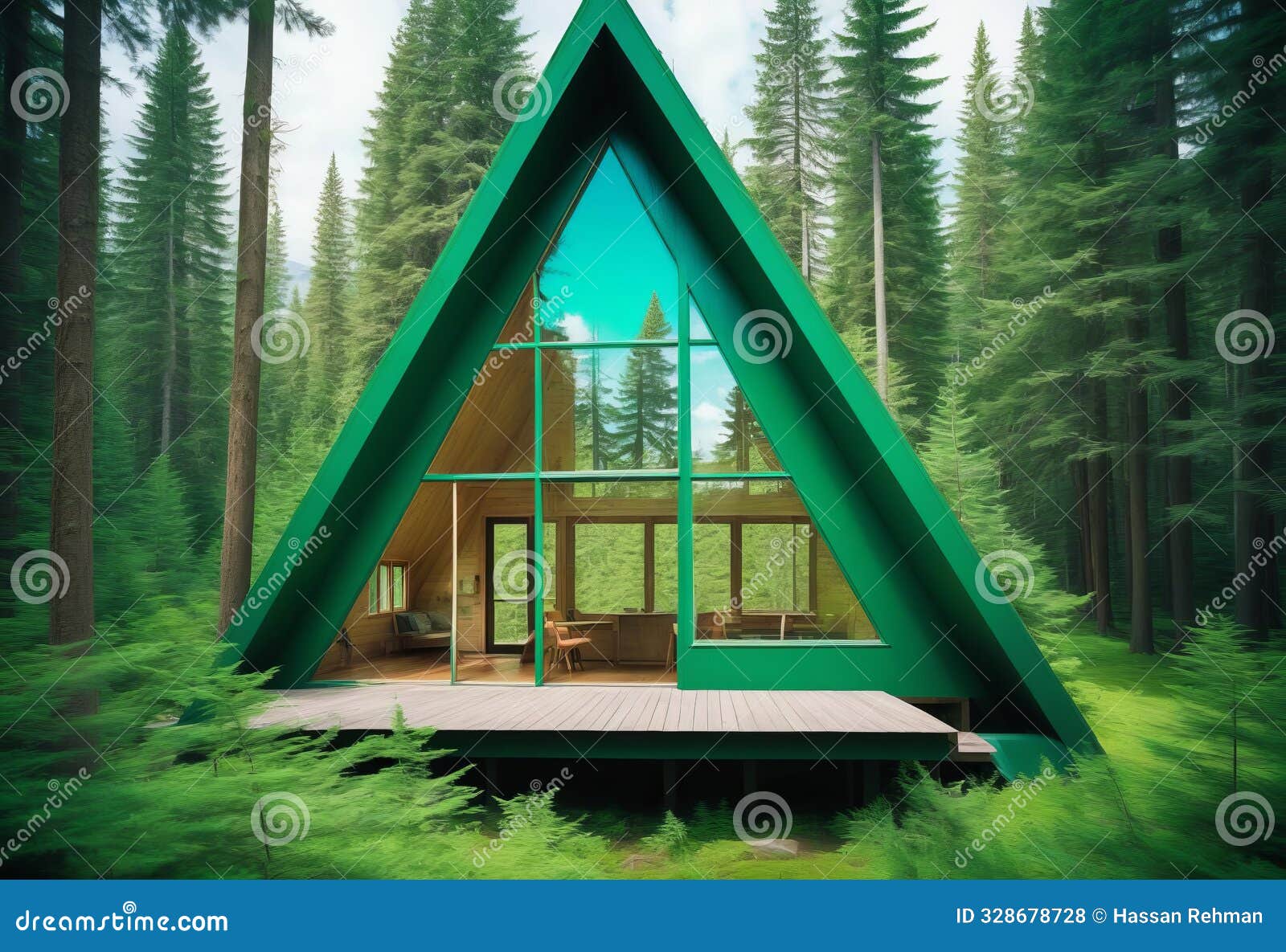 A Green a-frame Cabin with Large Triangular Windows Stock Illustration ...
