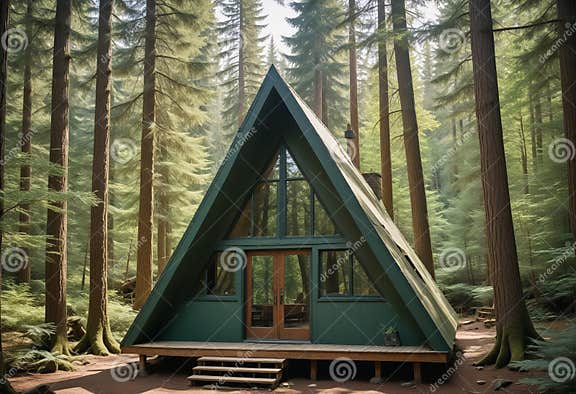 A Green a-frame Cabin with Large Triangular Windows Stock Illustration ...