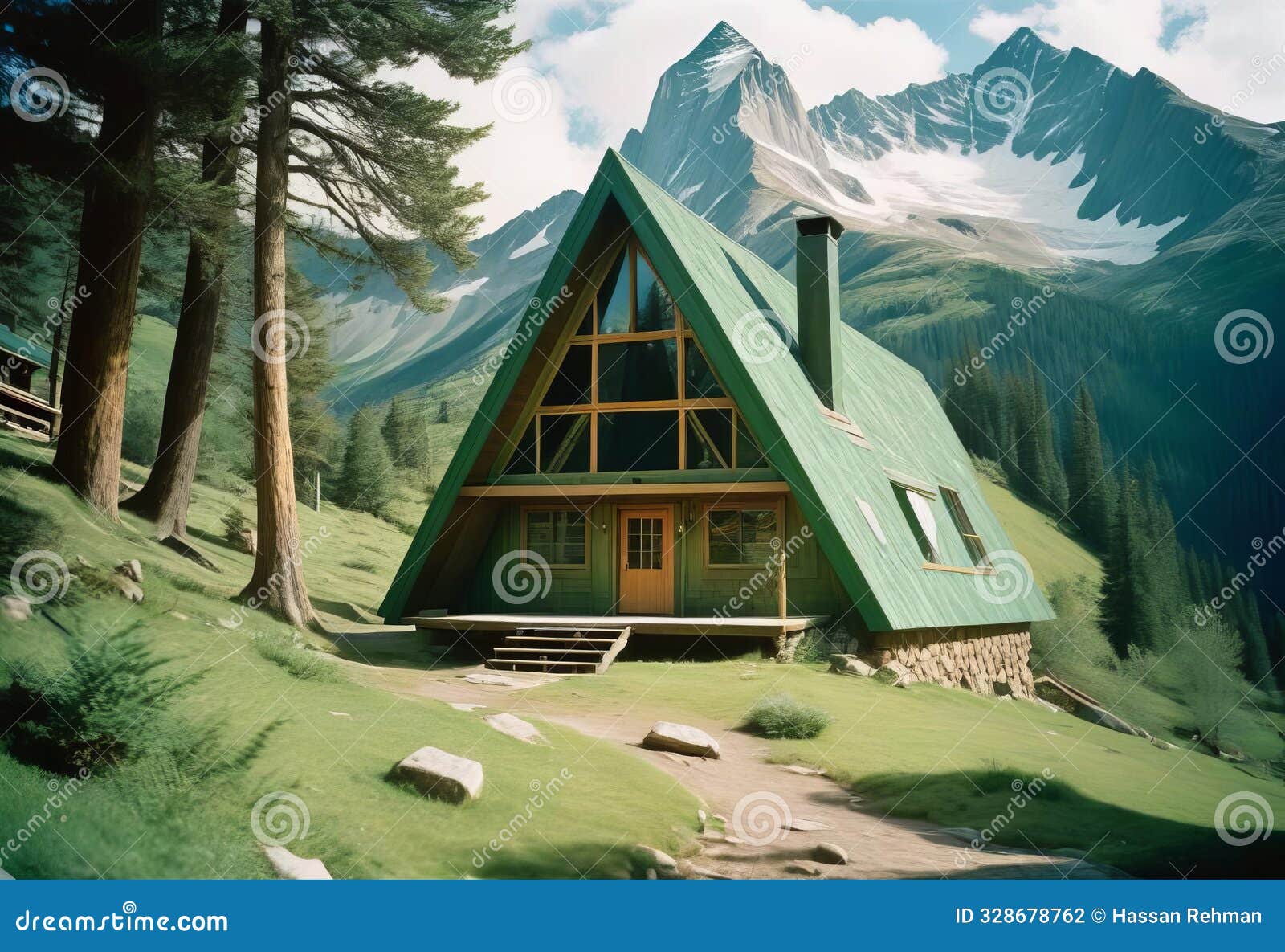 A Green a-frame Cabin with Large Triangular Windows Stock Illustration ...