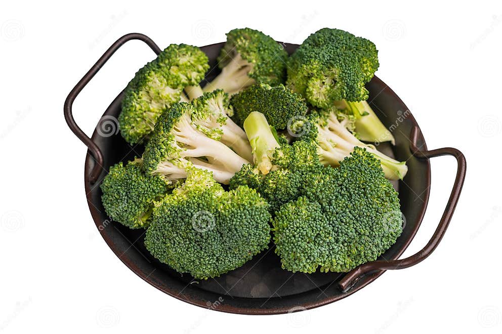 Green Fresh Broccoli Pieces in a Steel Tray Isolated on White ...