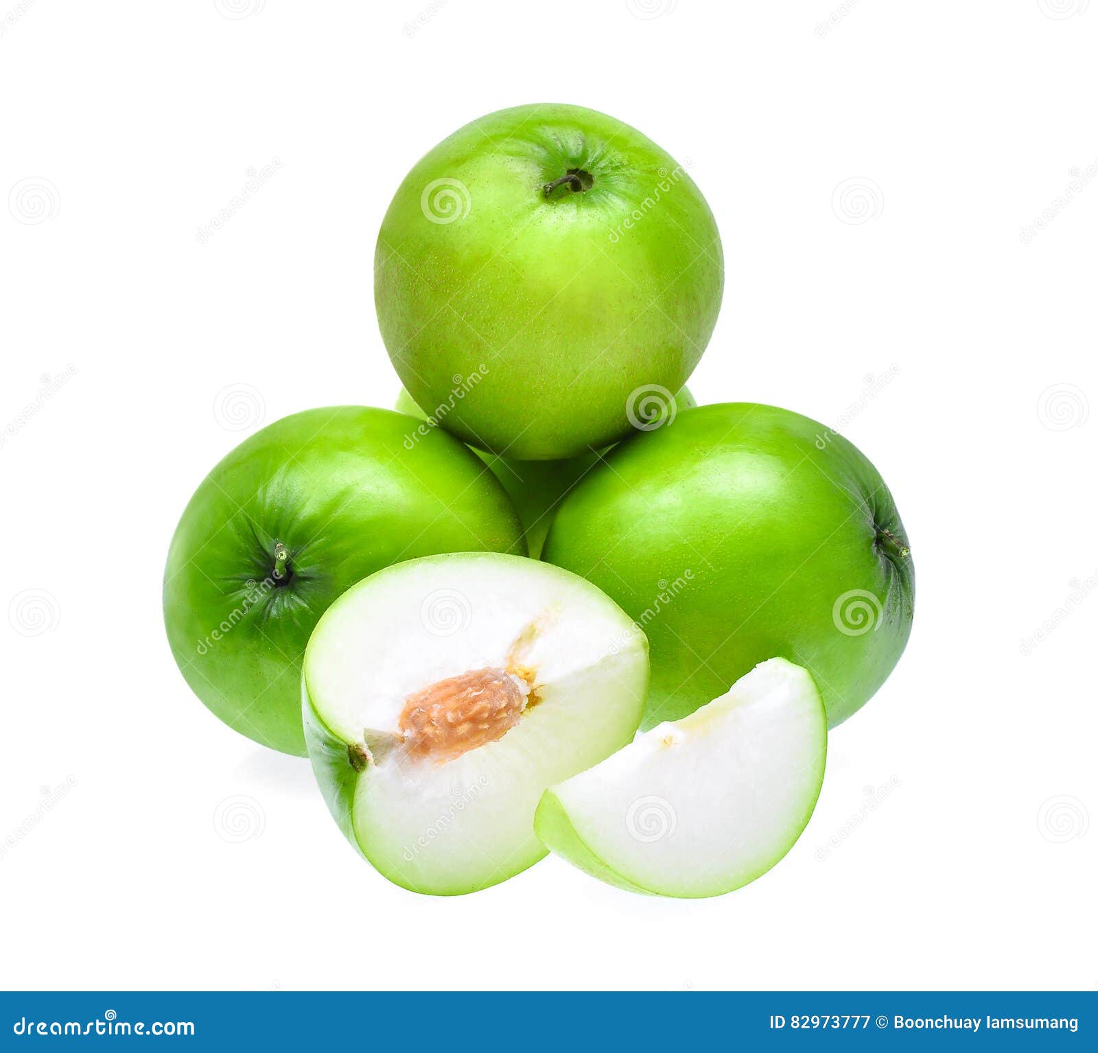 Green Fresh Monkey Apple with Slices Isolated on White Background Stock ...