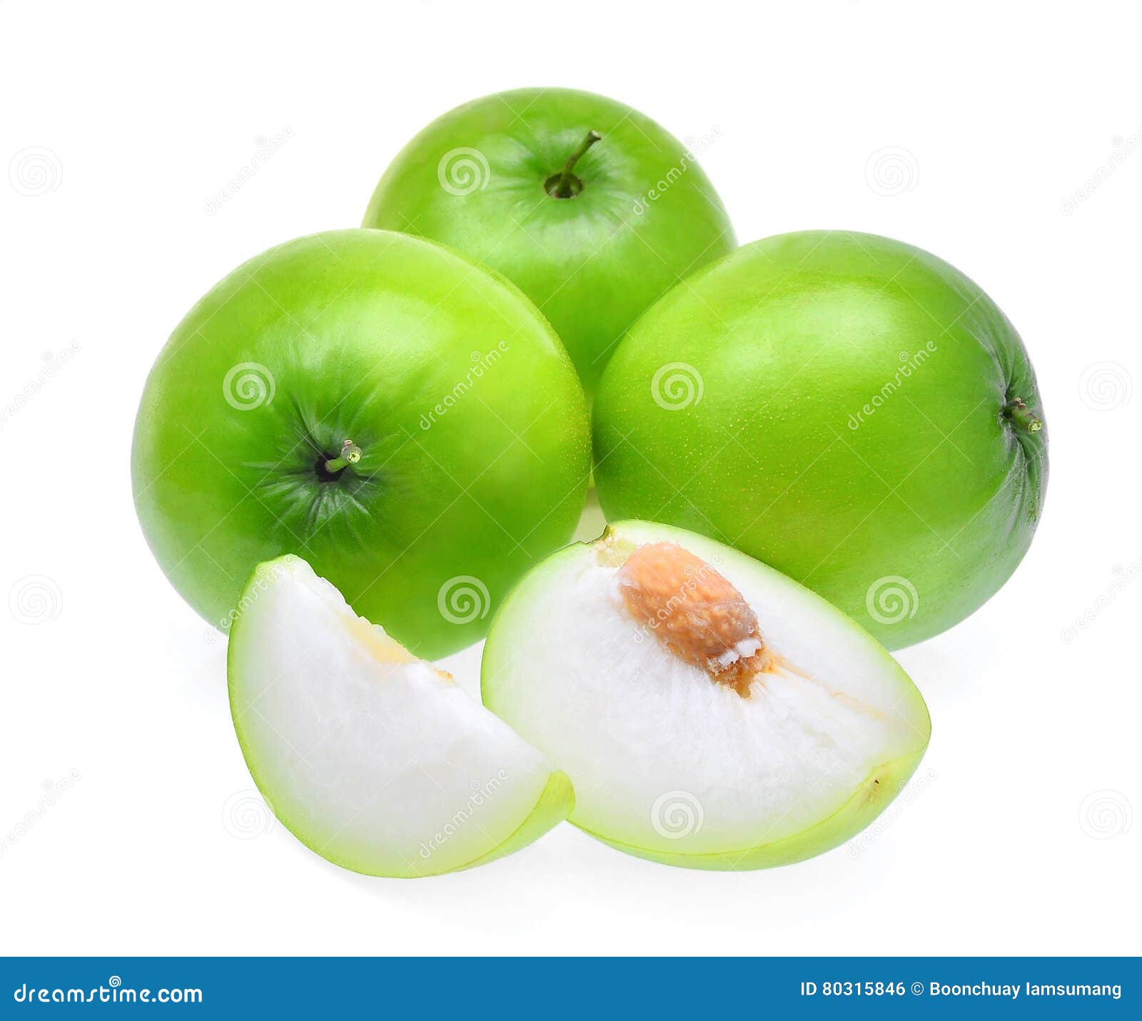 Green Fresh Monkey Apple with Slices Isolated on White Background Stock ...