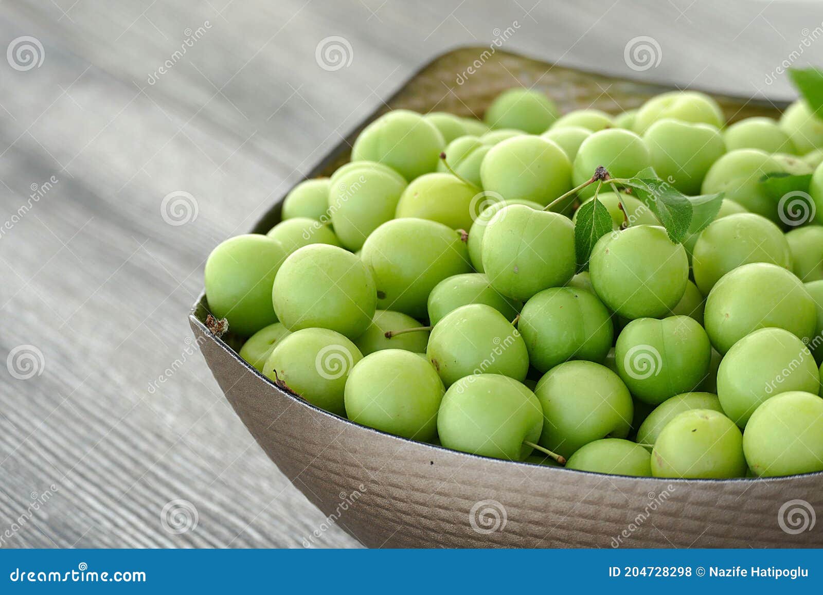 Green Fresh Sour Plums and Large Quantities in the Plate Stock Photo ...