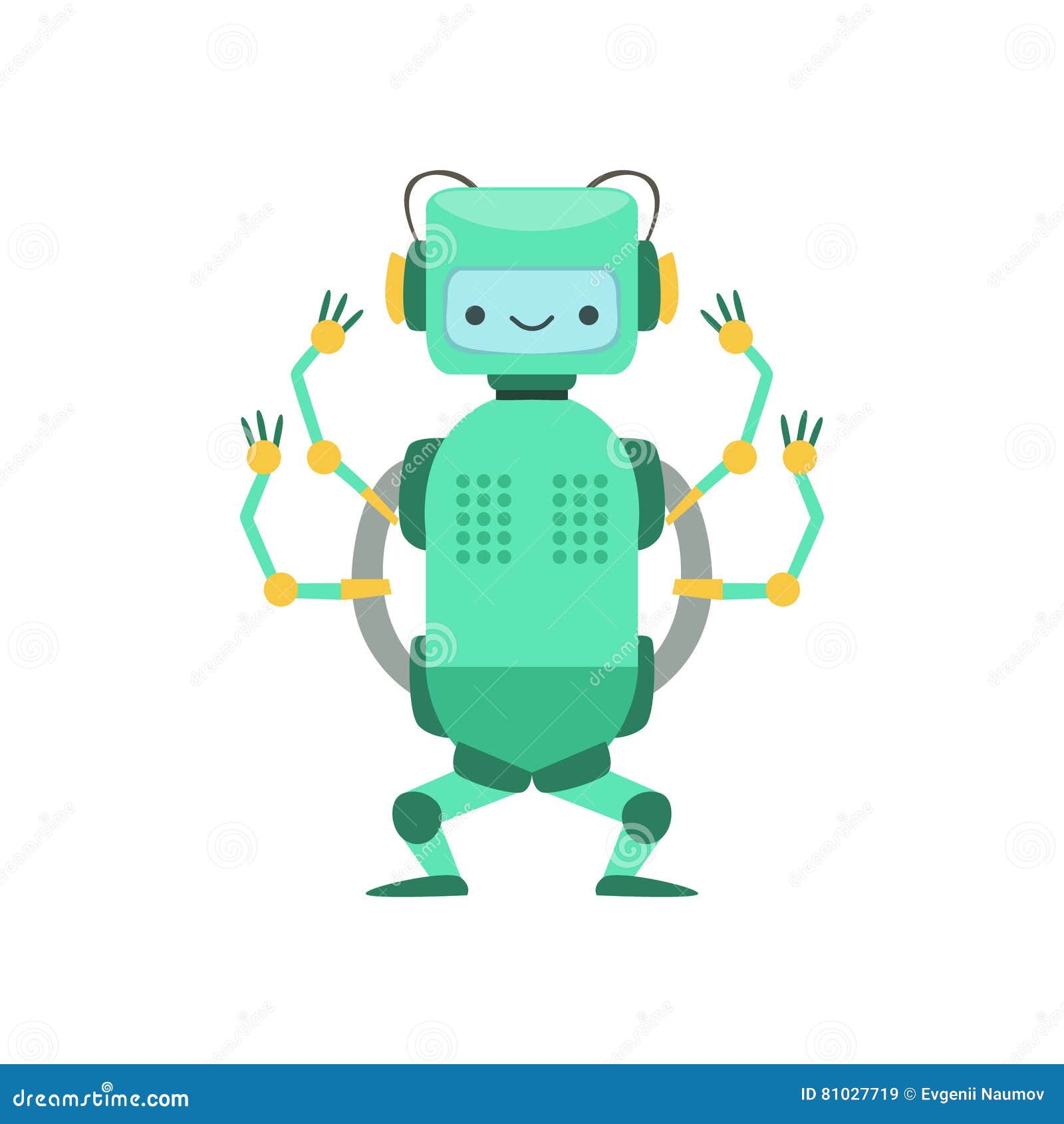 Green Friendly Android Robot Character with Four Arms Vector Cartoon ... Green Friendly Android Robot Character with Four Arms Vector Cartoon ...