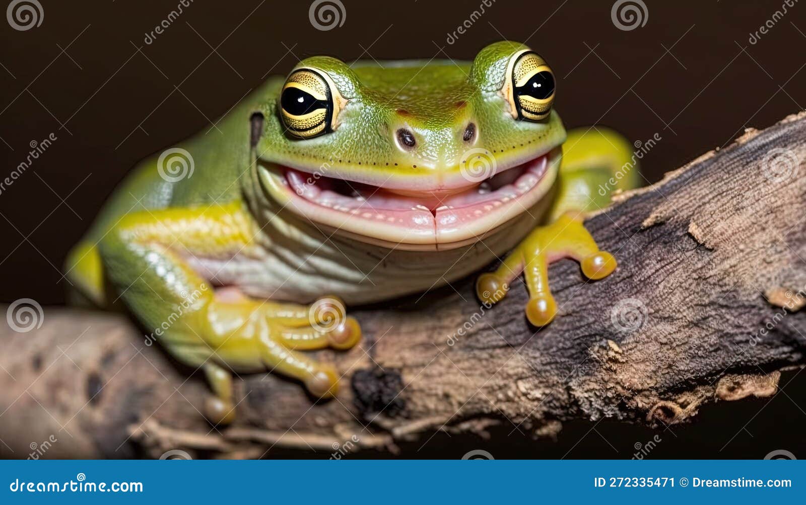 A Green Frog Sitting on Top of a Tree Branch with Its Mouth Open Stock ...