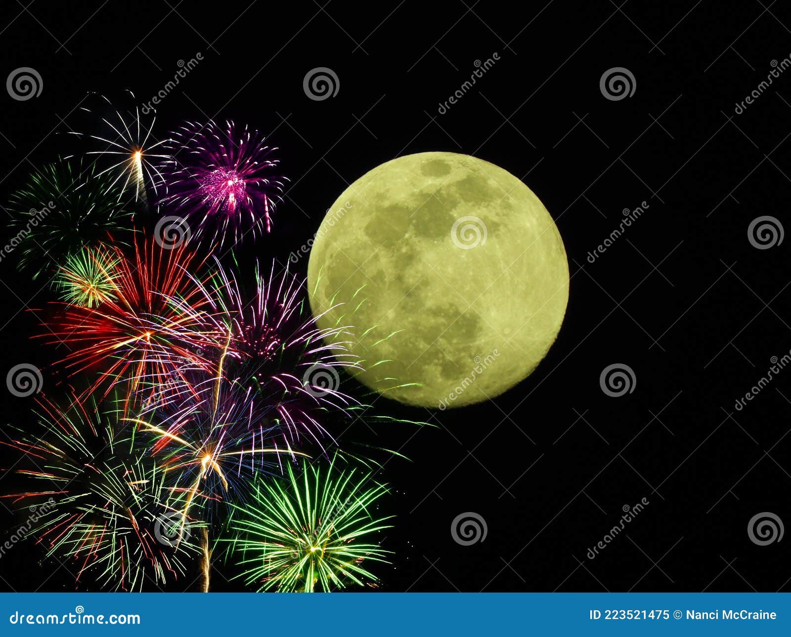 Green Full Moon with Accent Fireworks in Nightsky Stock Image - Image ...