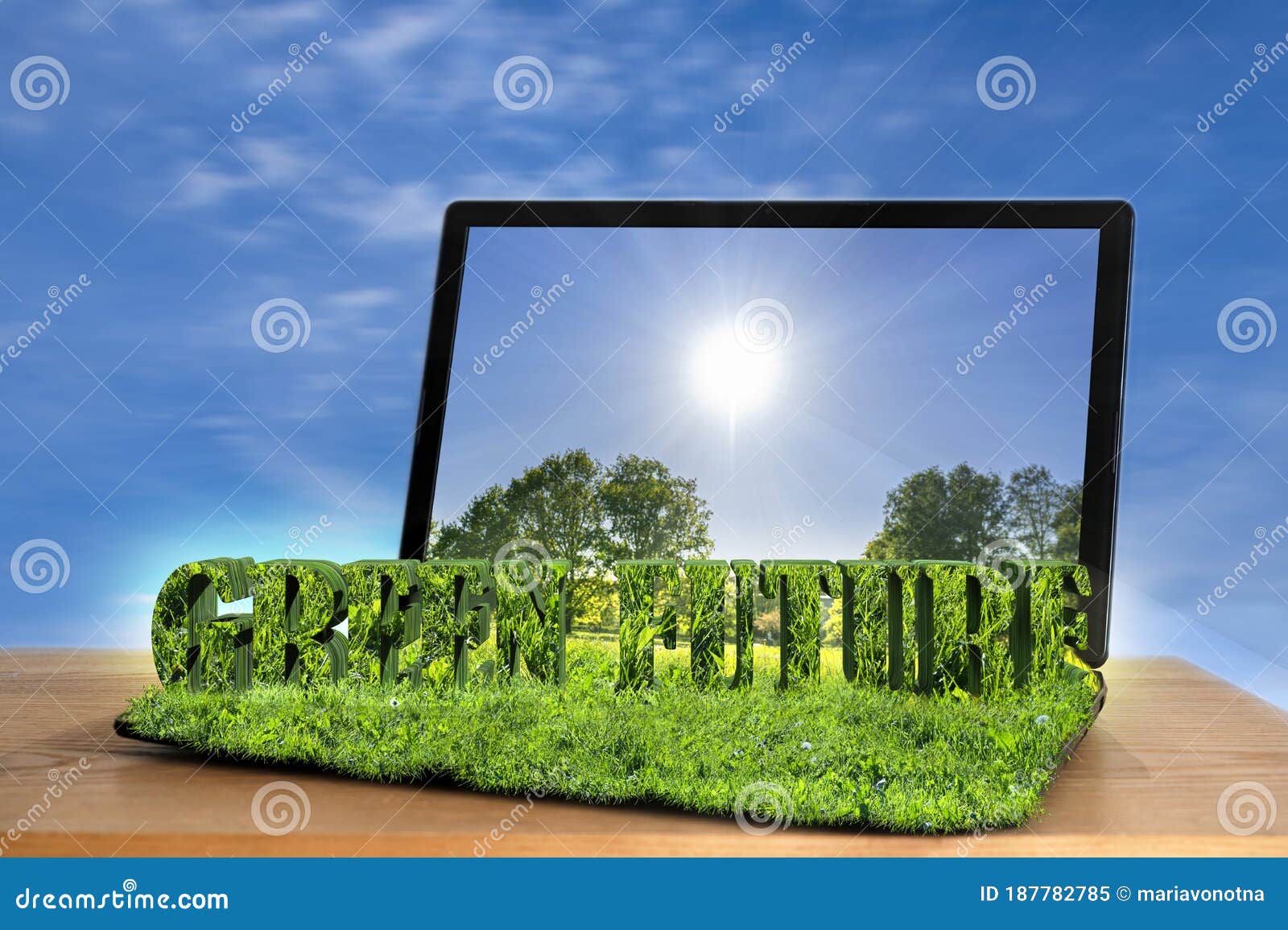 Green Future. Open Laptop with 3D Text Green Future and Grass Texture ...