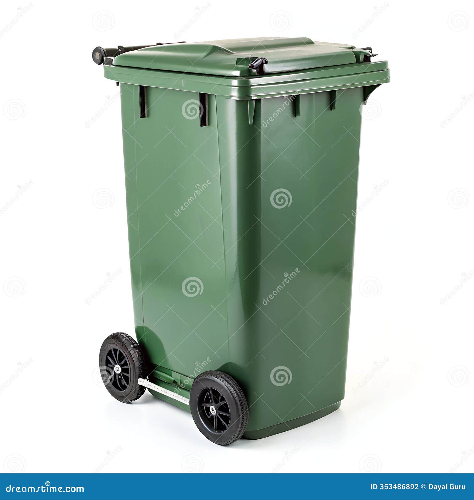 Green Garbage Can with Wheels Isolated on White Background Stock ...