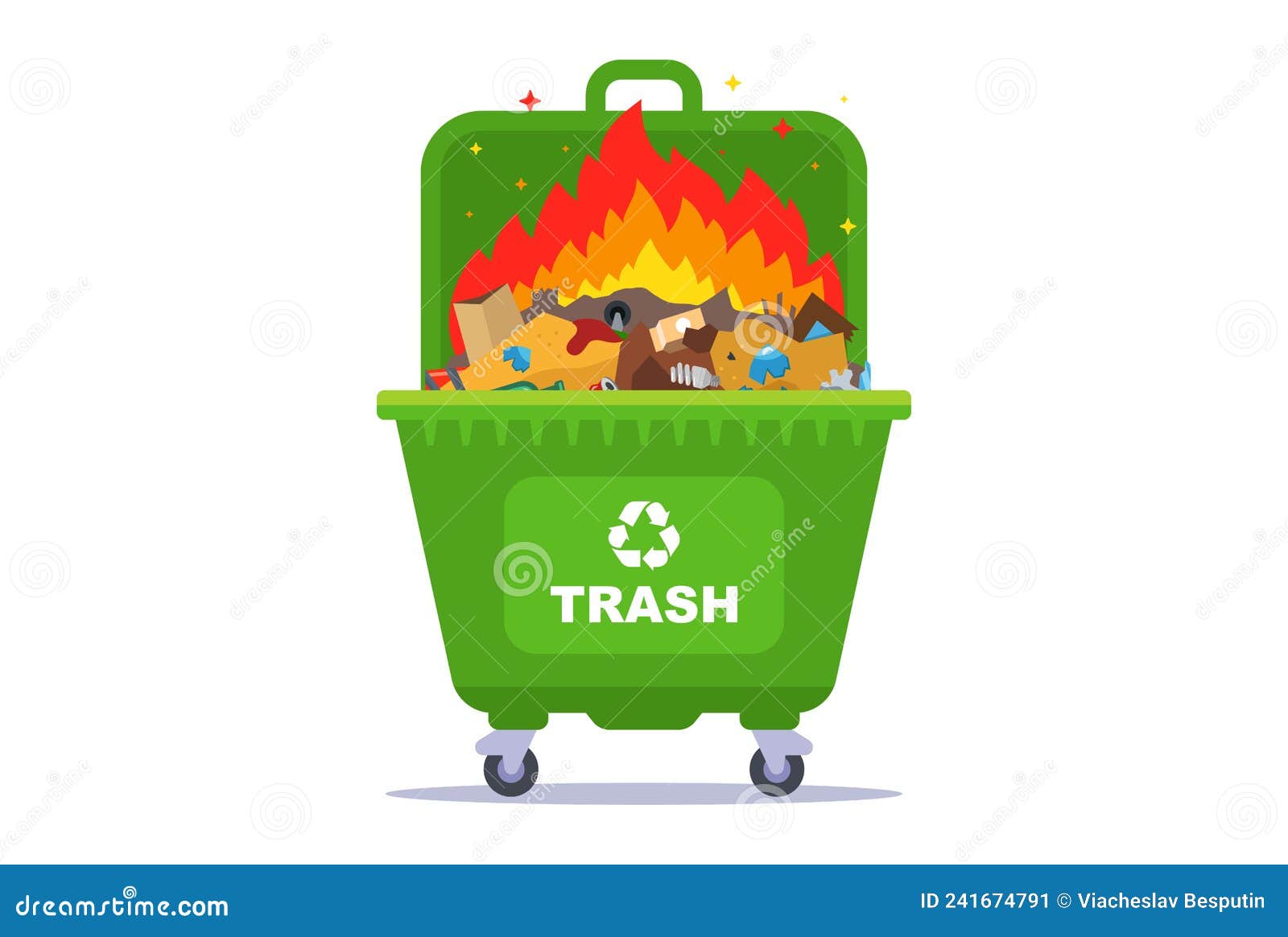 A Green Garbage Container in Which a Fire Burns. Garbage Disposal Stock ...