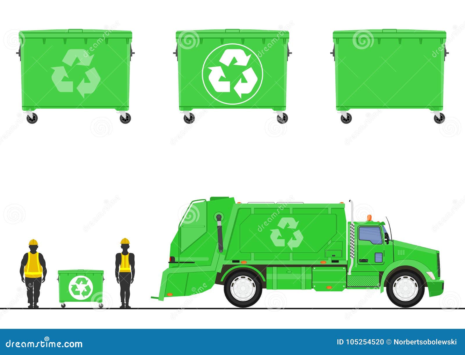 Green Garbage Truck And Trash Bins. Vector Illustration | CartoonDealer ...