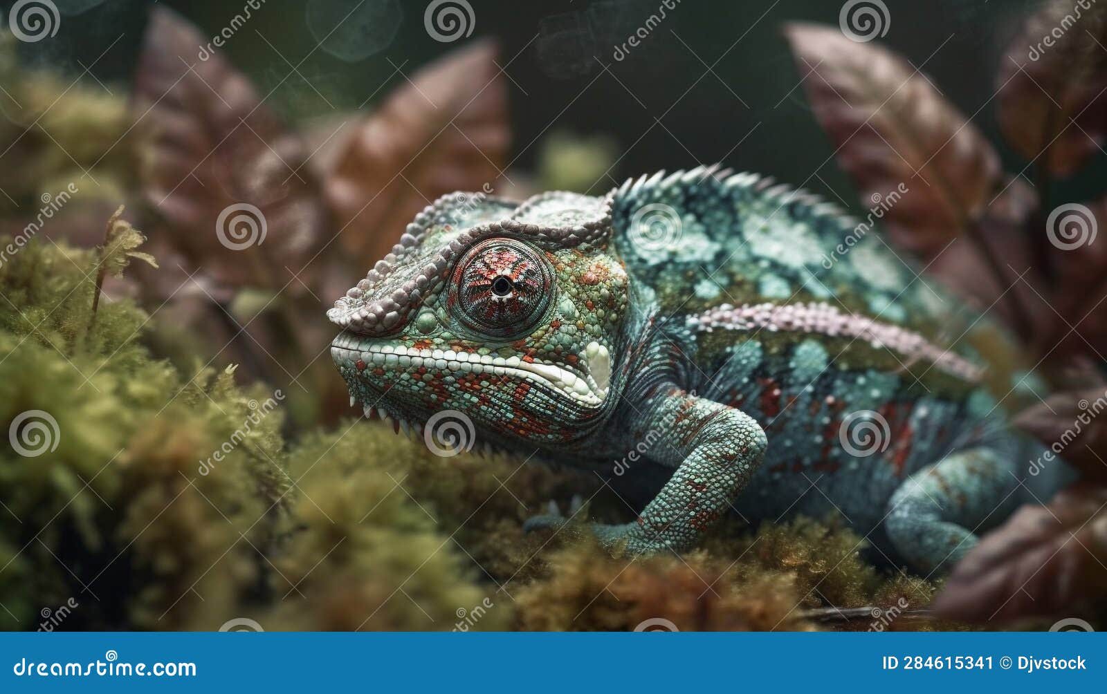 Green Gecko on Branch, Horned Lizard in Tropical Forest Generated by AI ...