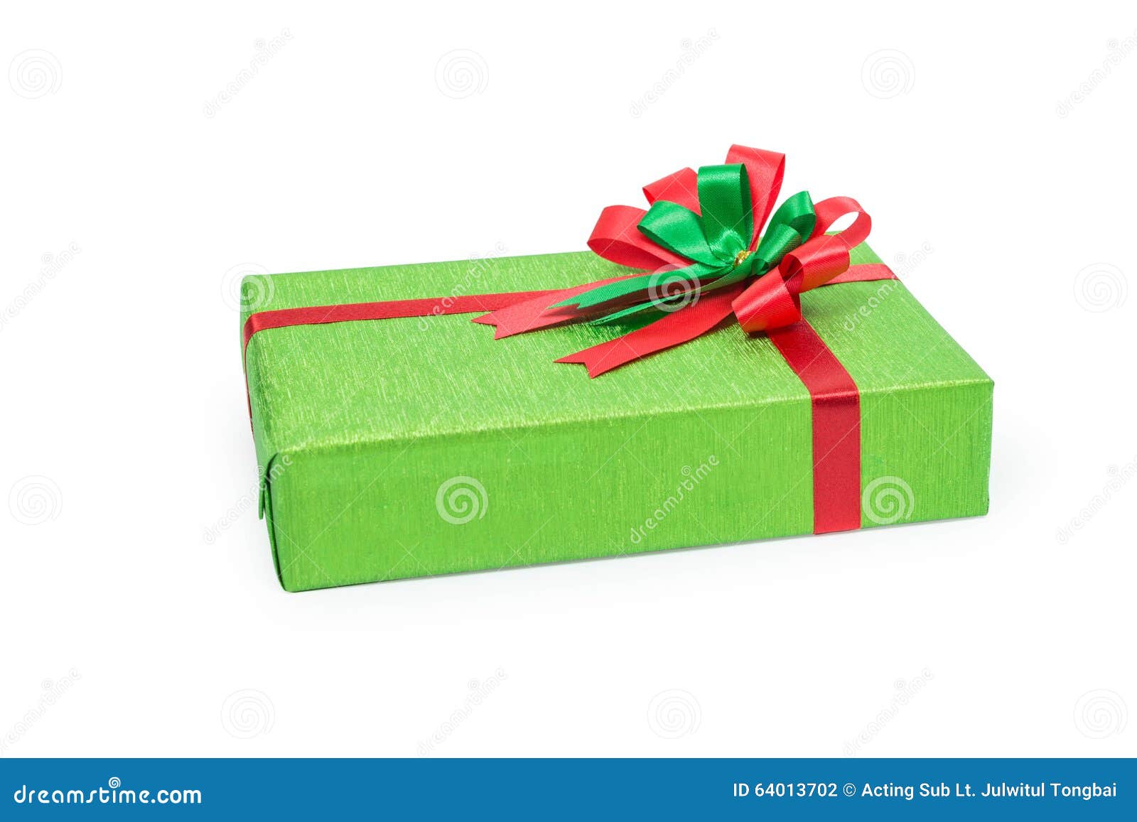 Green Gift Box with Red and Green Ribbons Bow Stock Photo - Image of ...