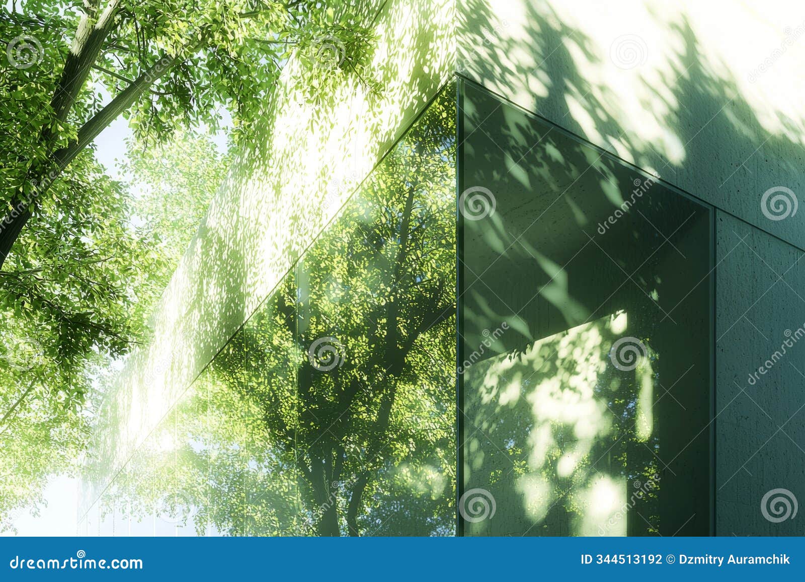 A Green Glass Building with a Tree Backdrop and Sunlight in the ...