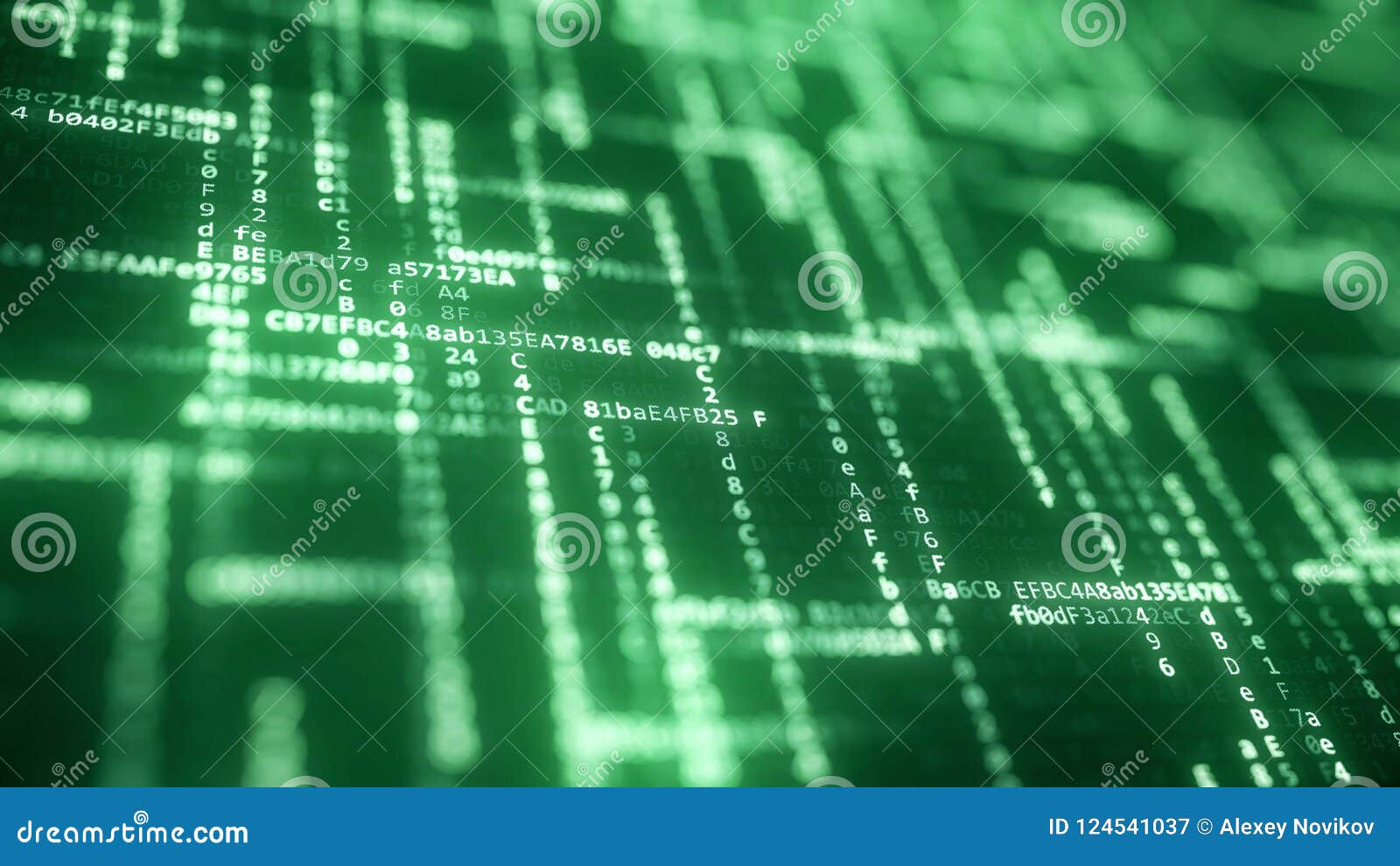 Green Glowing Code Strings Move Across the Screen. Computer Related 3D Rendering Stock ...