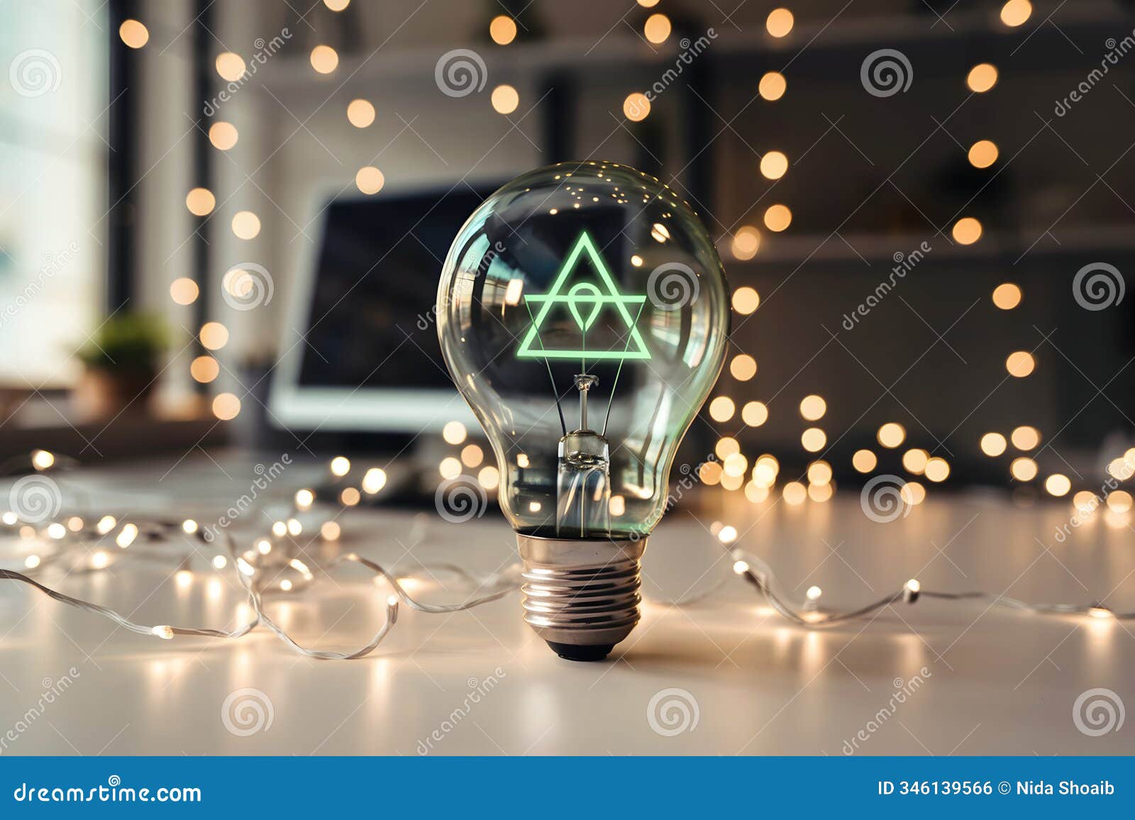 Green Glowing Light Bulb with Triangle Symbol Inside, Suggesting Ideas ...