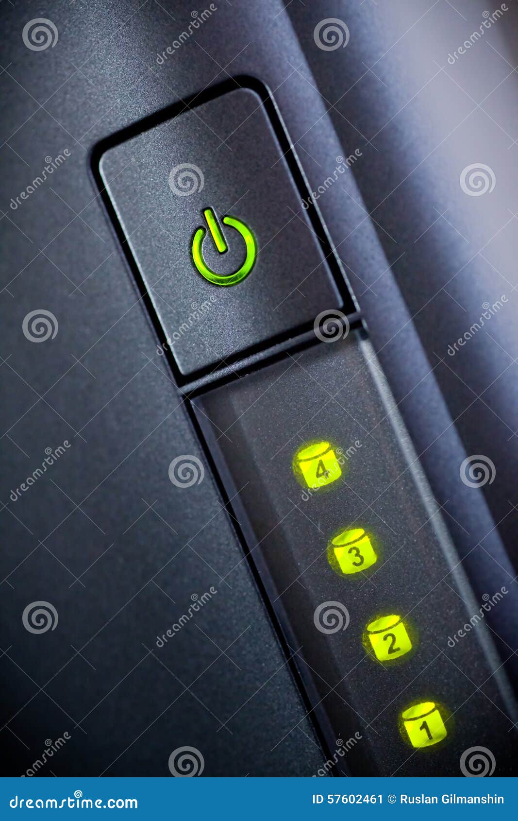 Green Glowing Power Button. Closeup Stock Image - Image of industry ...