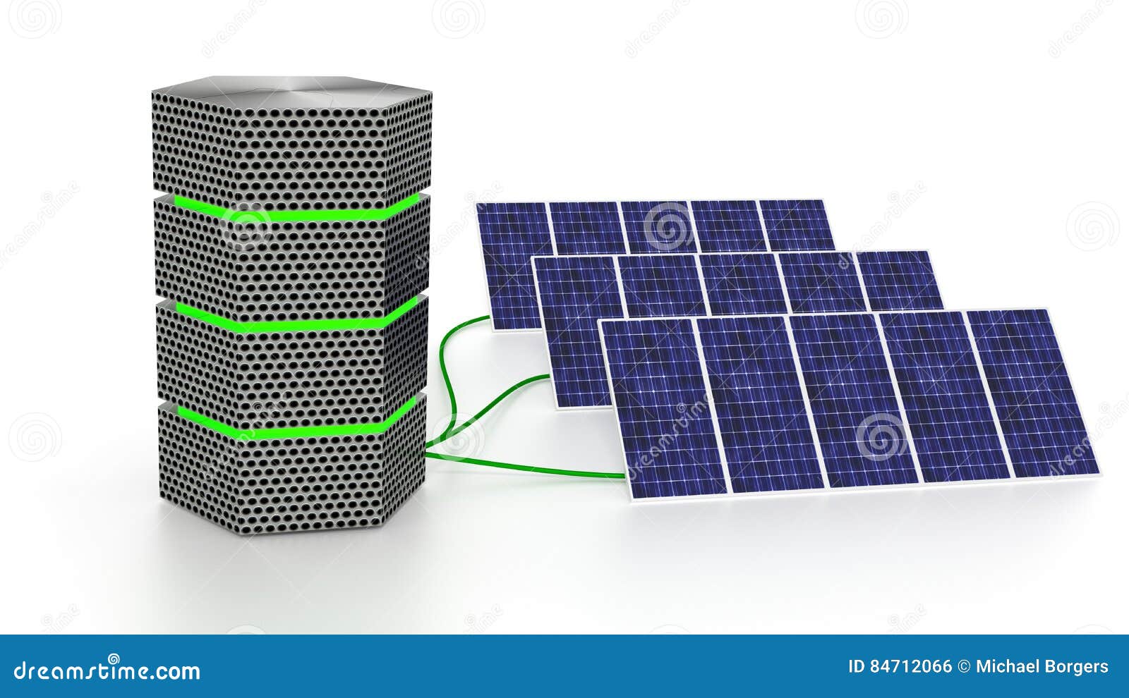 Green Glowing Server Connected To Three Solar Panels Isolated Stock ...