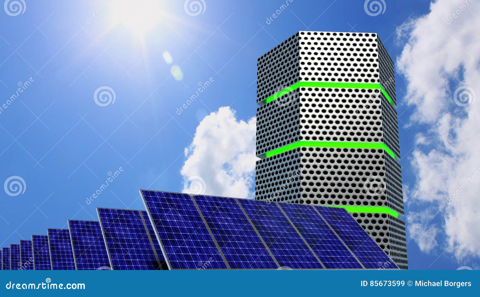 Green Glowing Server Next To Solar Panels Stock Illustration ...