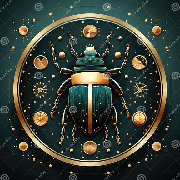 A Green and Gold Bug with a Clock in the Background Stock Illustration ...