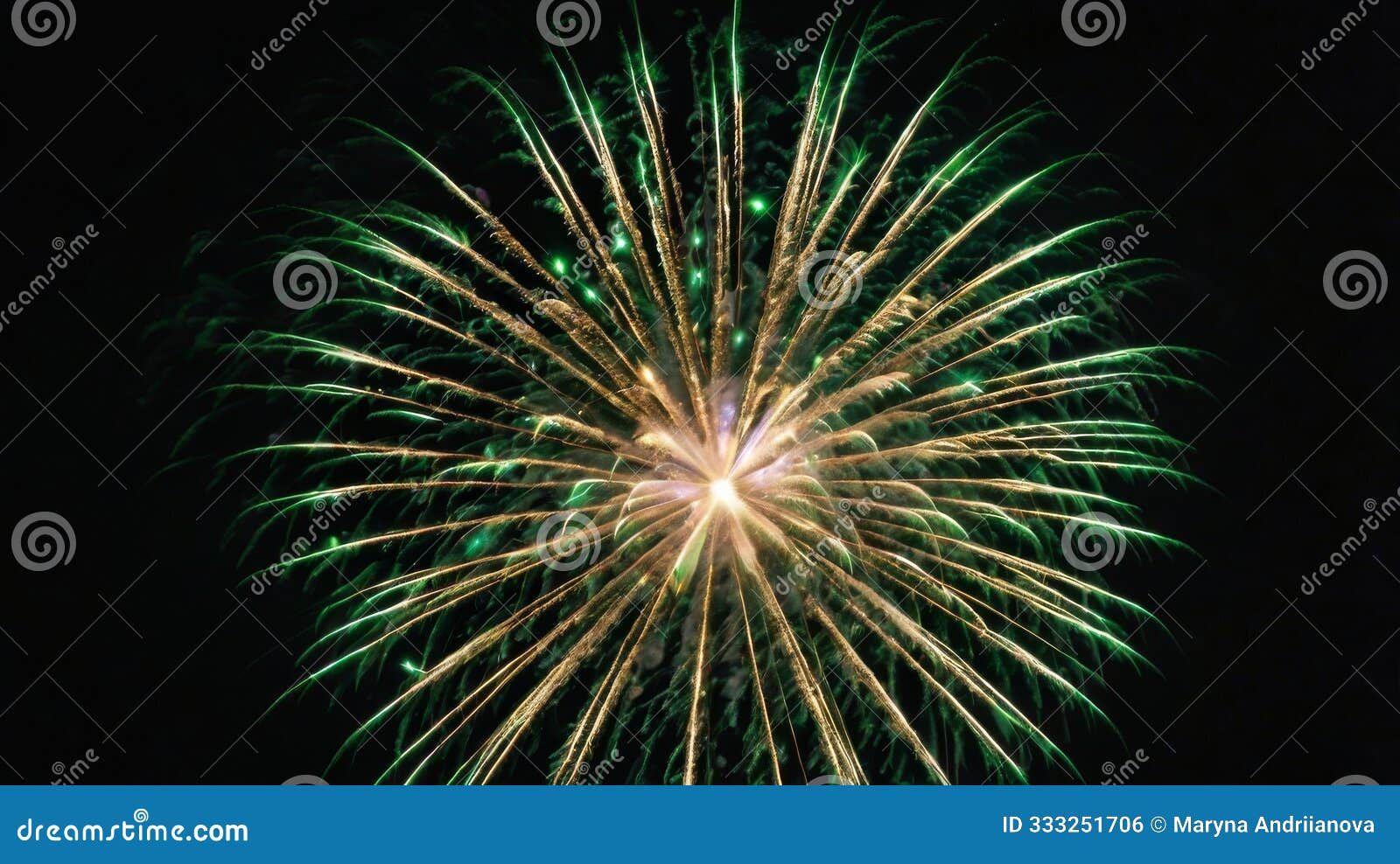 Green and Gold Fireworks Exploding in Night Sky Stock Photo - Image of ...