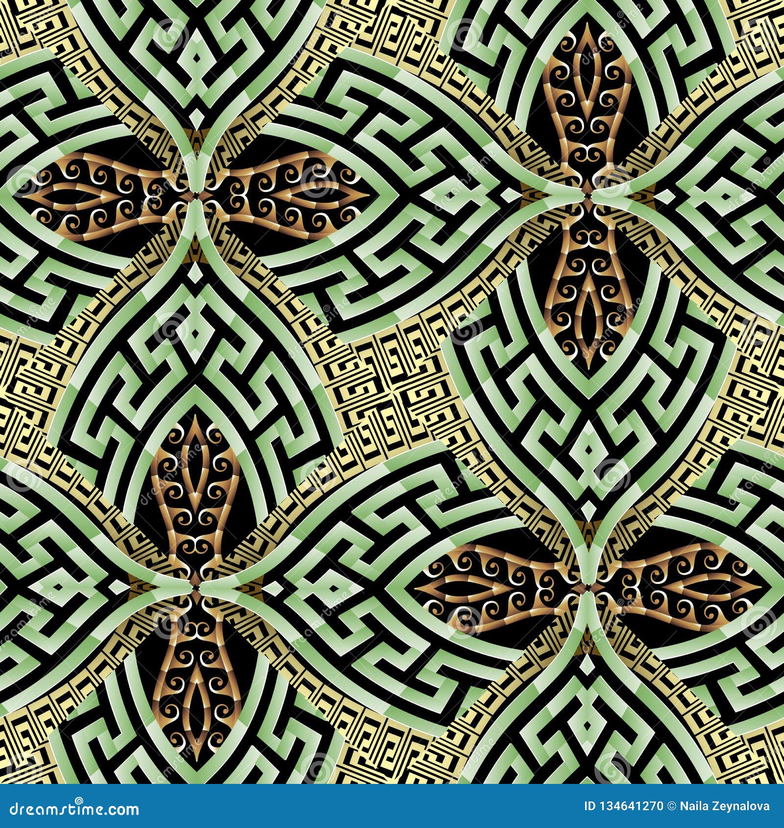 Green Gold Ornamental Modern 3d Greek Vector Seamless Pattern. Ethnic ... Green Gold Ornamental Modern 3d Greek Vector Seamless Pattern. Ethnic ...