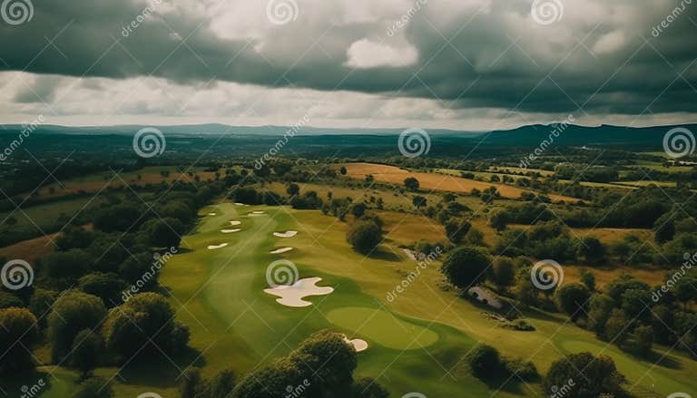 Green Golf Course, Tree Lined Fairway, Mountain Backdrop Generated by ...