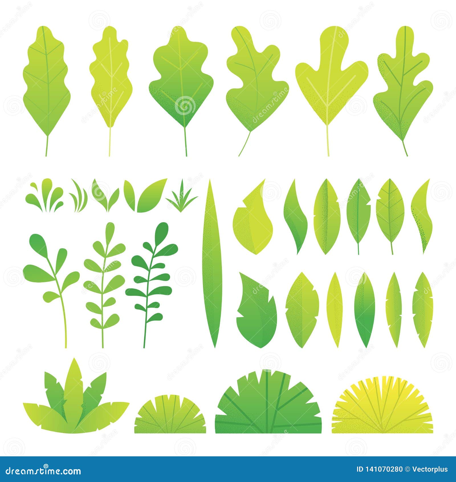 Green Gradation Color Leaves Wit Noise Gradient Set. Flat Design Vector ...
