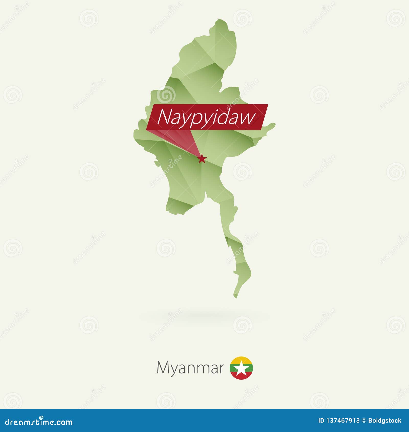 Green Gradient Low Poly Map of Myanmar with Capital Naypyidaw Stock ...