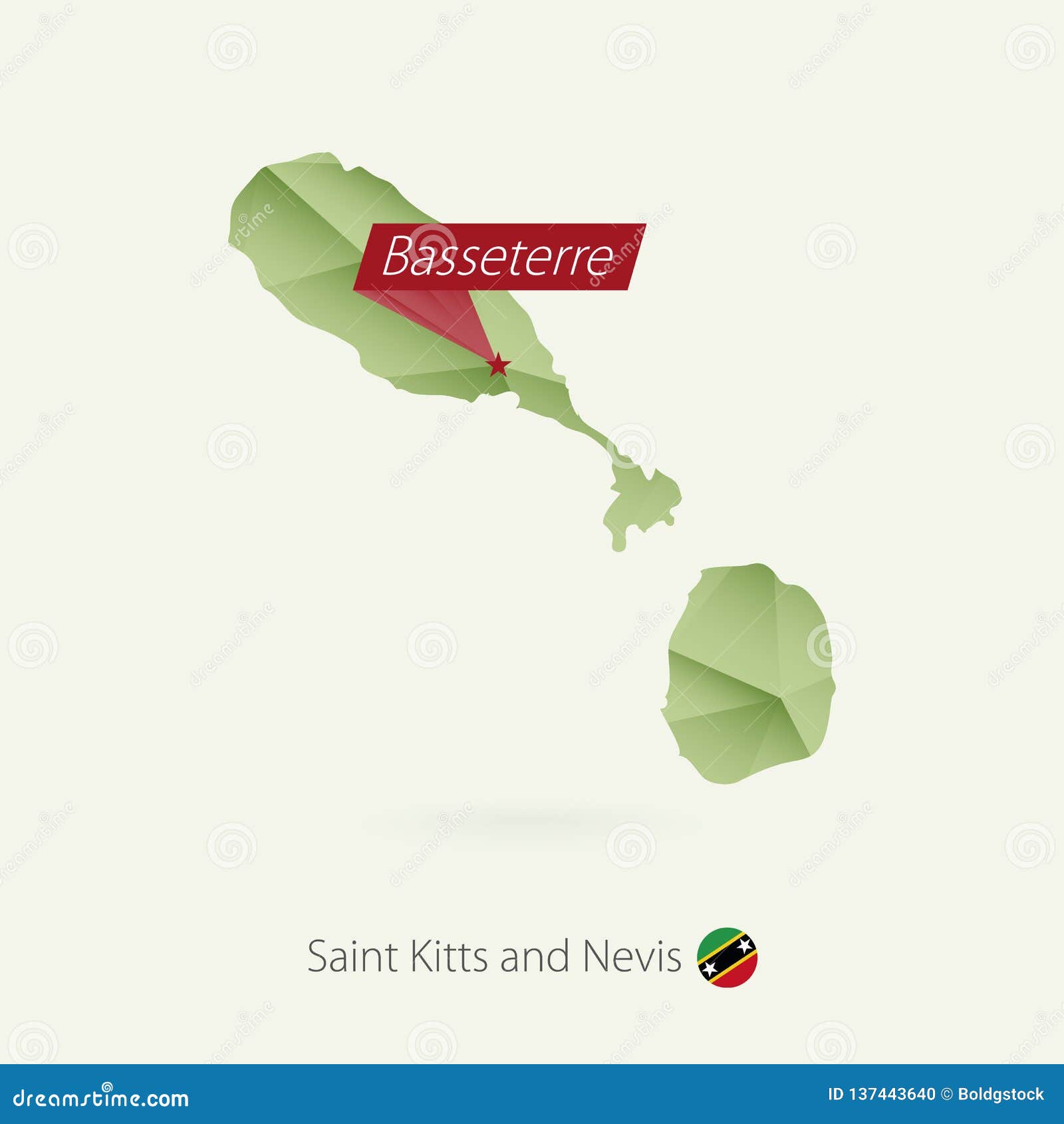 Green Gradient Low Poly Map of Saint Kitts and Nevis with Capital ...