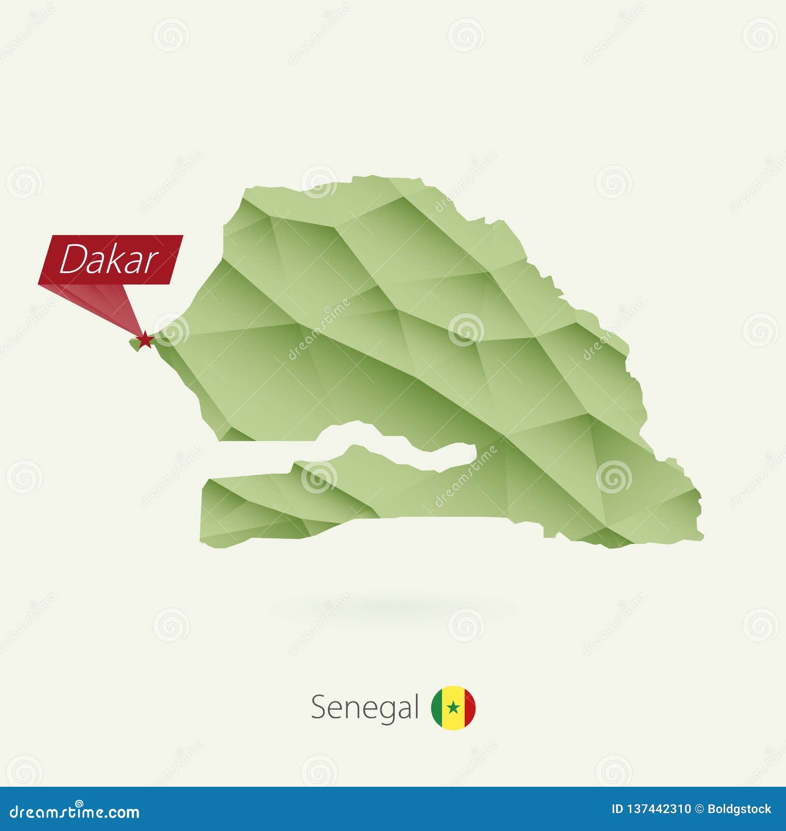 Green Gradient Low Poly Map of Senegal with Capital Dakar Stock Vector ...