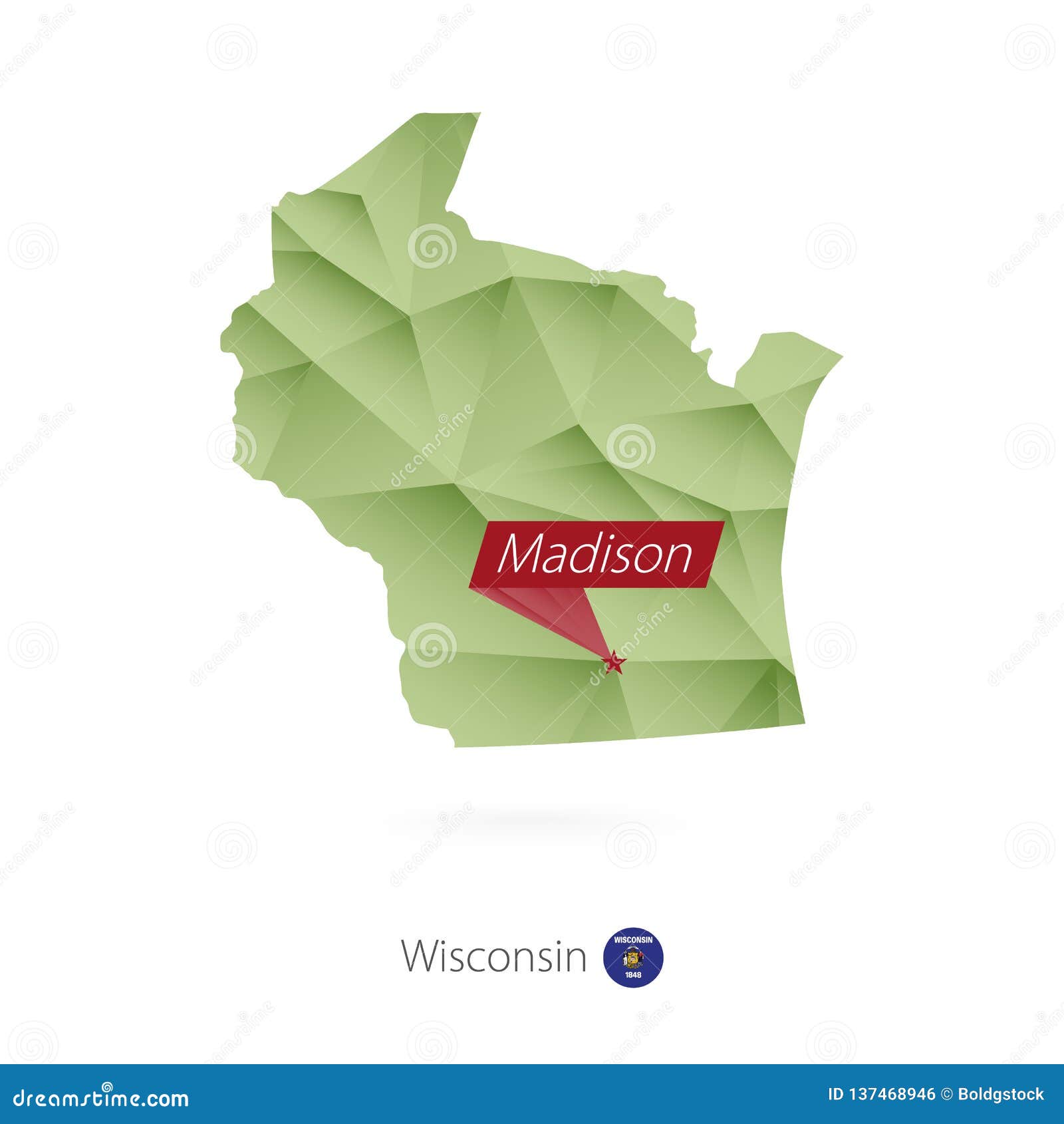 Green Gradient Low Poly Map of Wisconsin with Capital Madison Stock ...