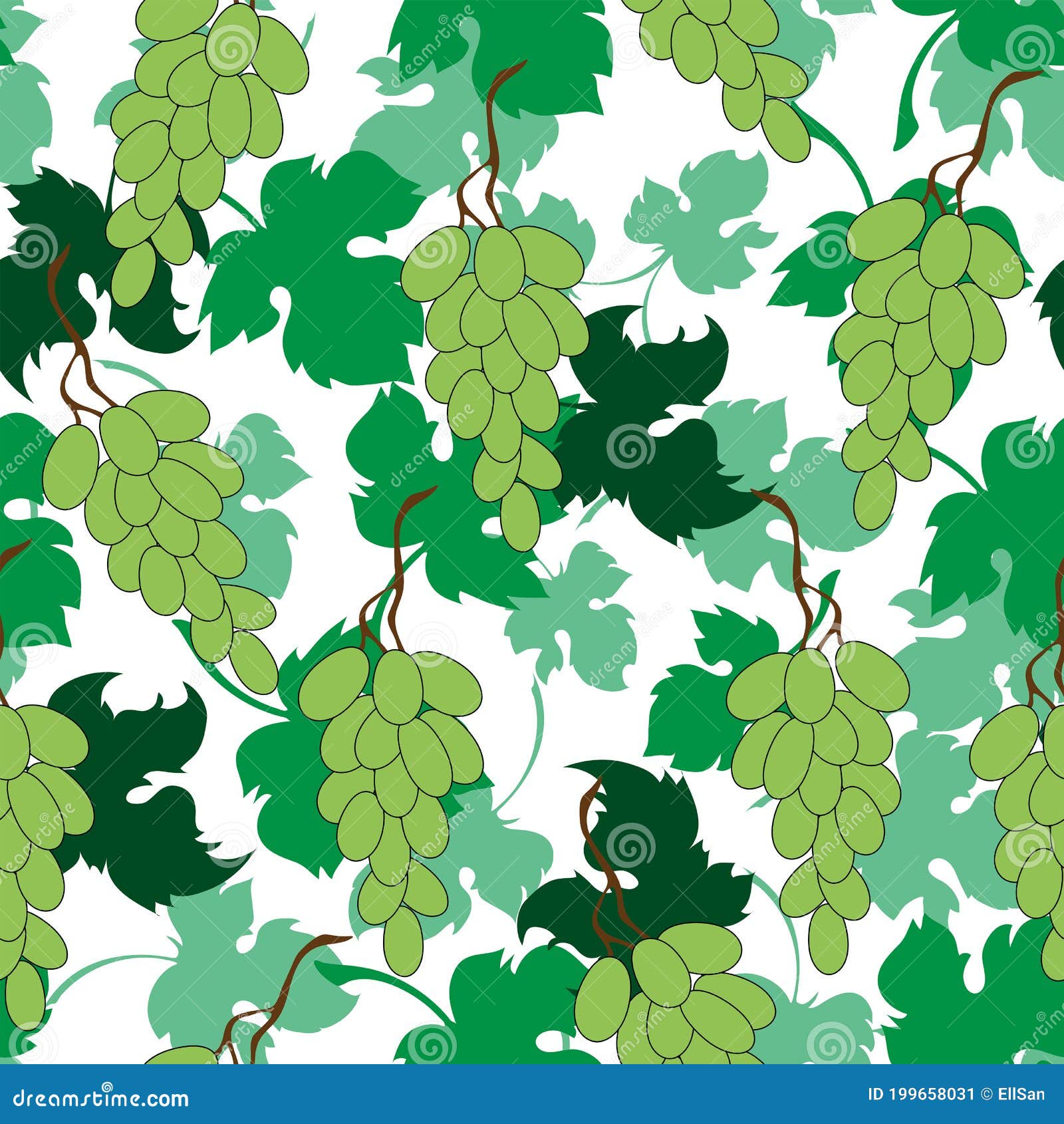 Green Grape with Leaves. Seamless Pattern Stock Vector - Illustration ...
