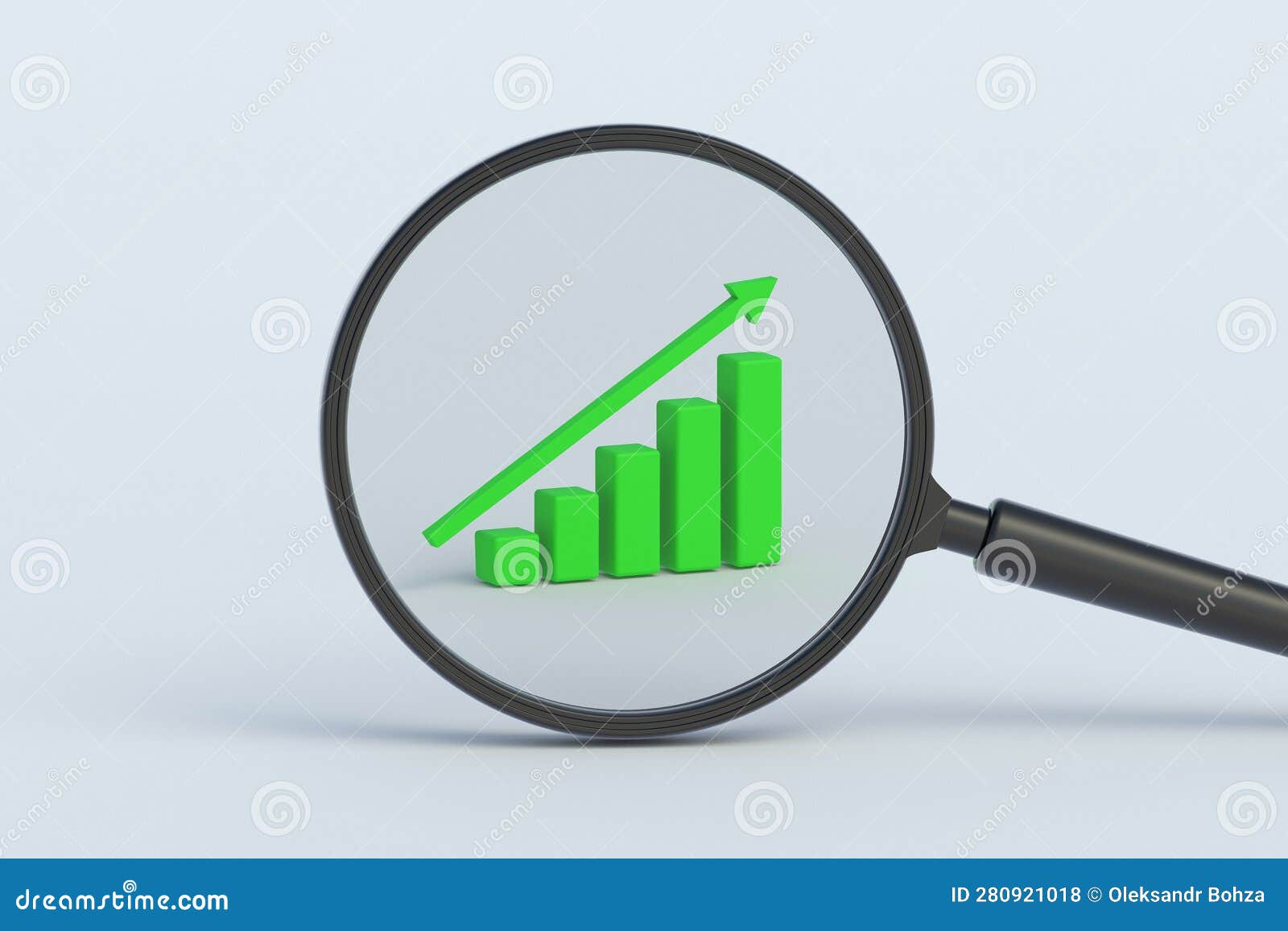 Green Graph with Column and Up Arrow Behind Magnifying Glass Stock ...