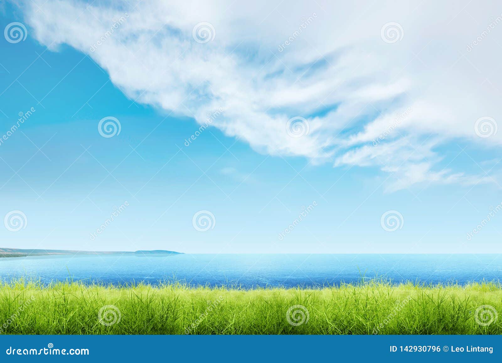 Green Grass with Blue Ocean View and Cloudscapes Stock Photo - Image of ...