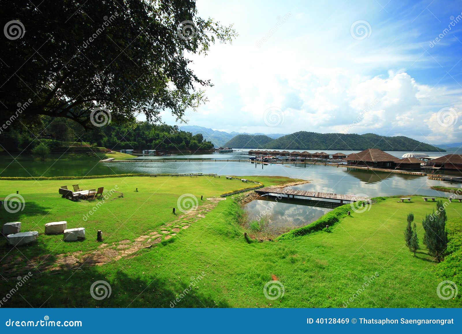 Green Grass Field Riverside Raft Resort Sky Stock Image - Image of lake ...