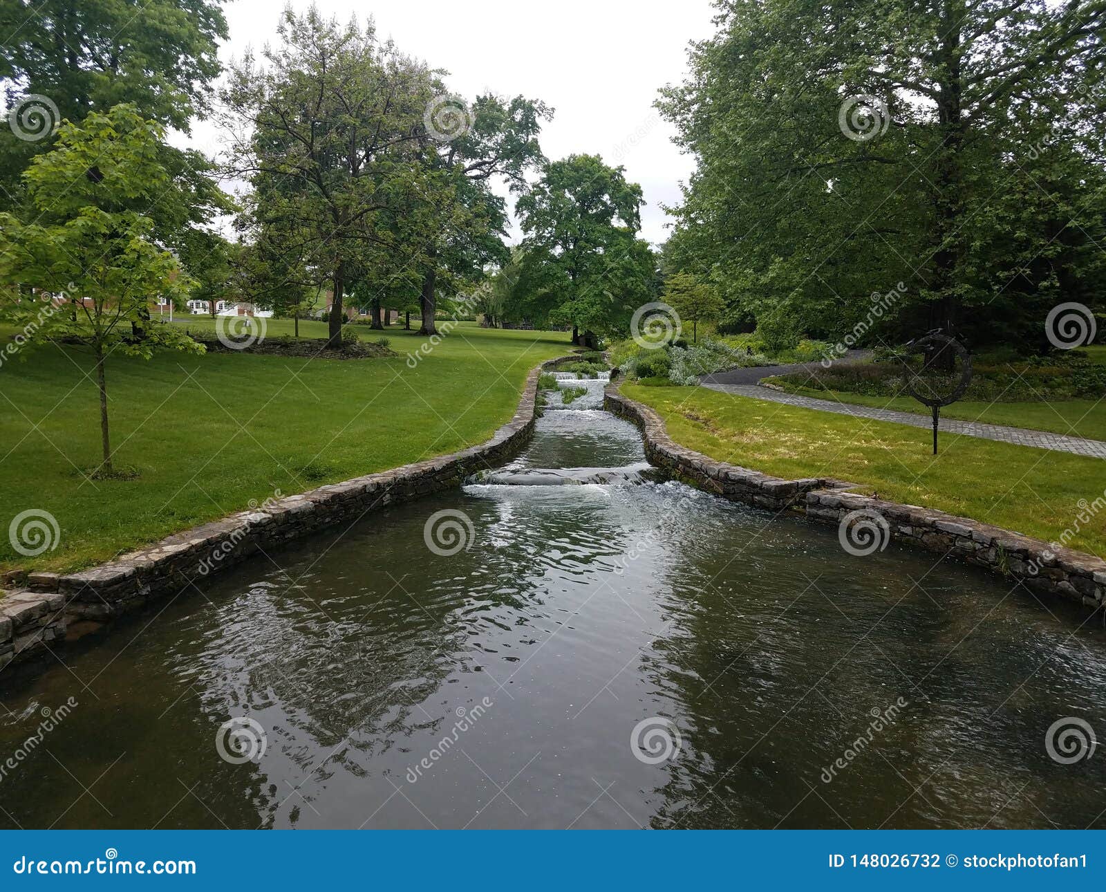 Green Grass with Flowing River or Stream or Creek Stock Photo - Image ...