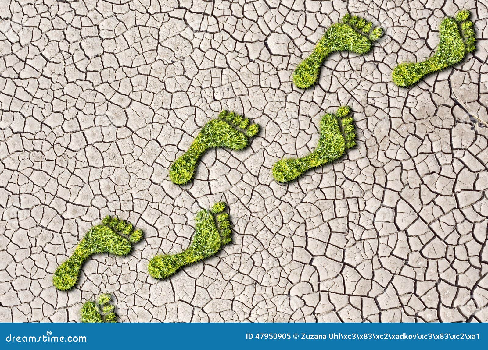 Green Grass Growing Footprints on Cracked Earth Background Stock ...
