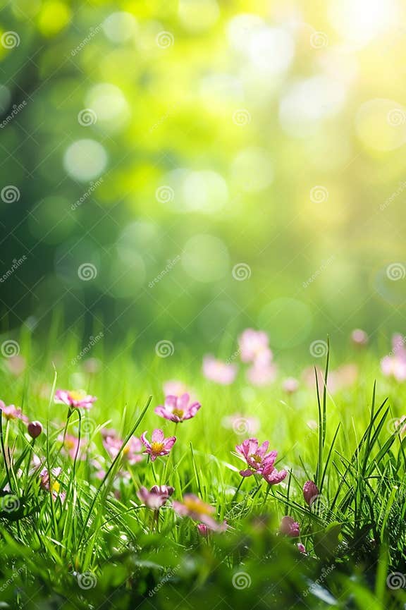 Green Grass and Spring Flowers on a Blurred Background Stock Image ...