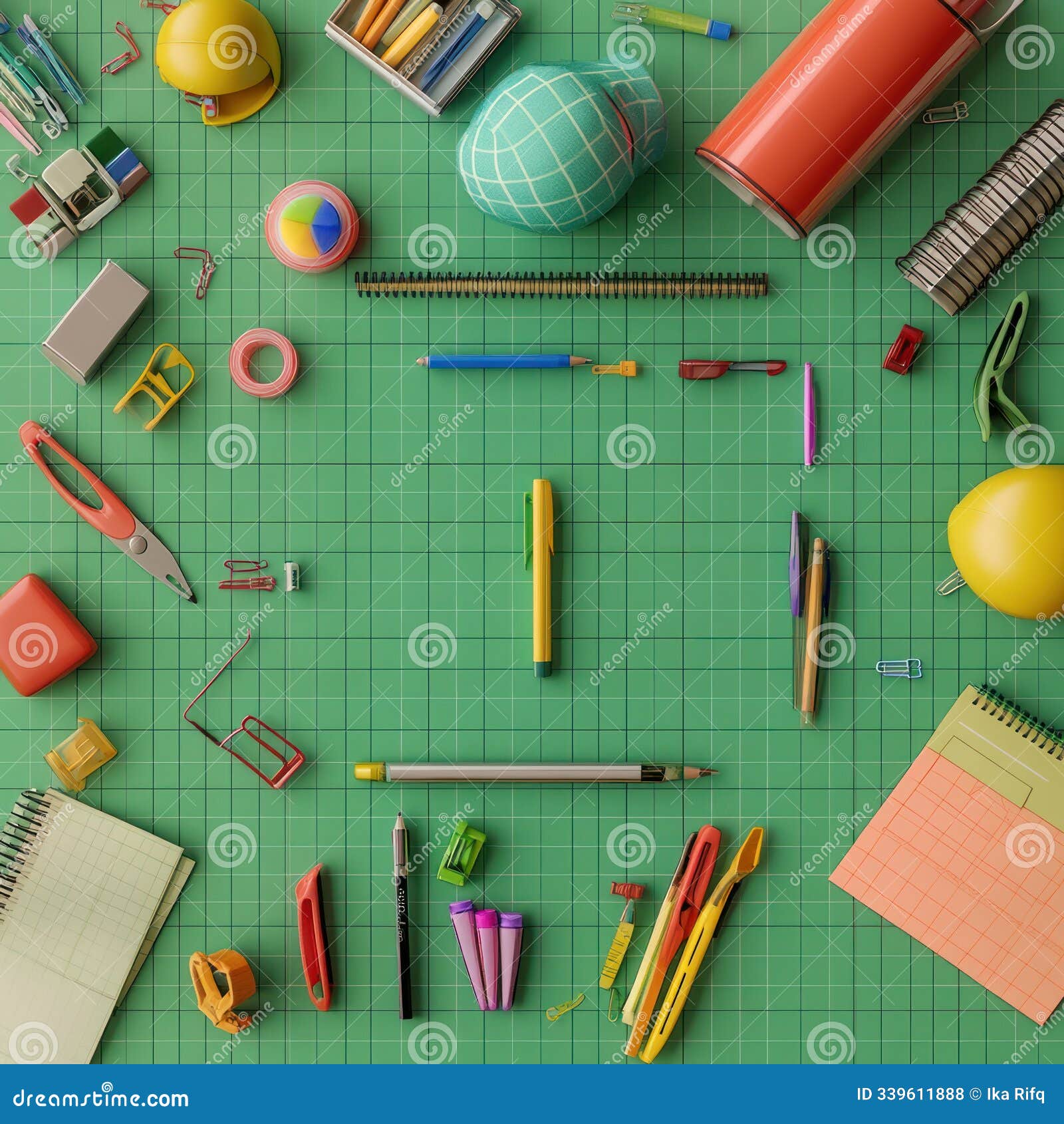 Green Grid Background with Assorted Office Supplies Illustration Stock ...