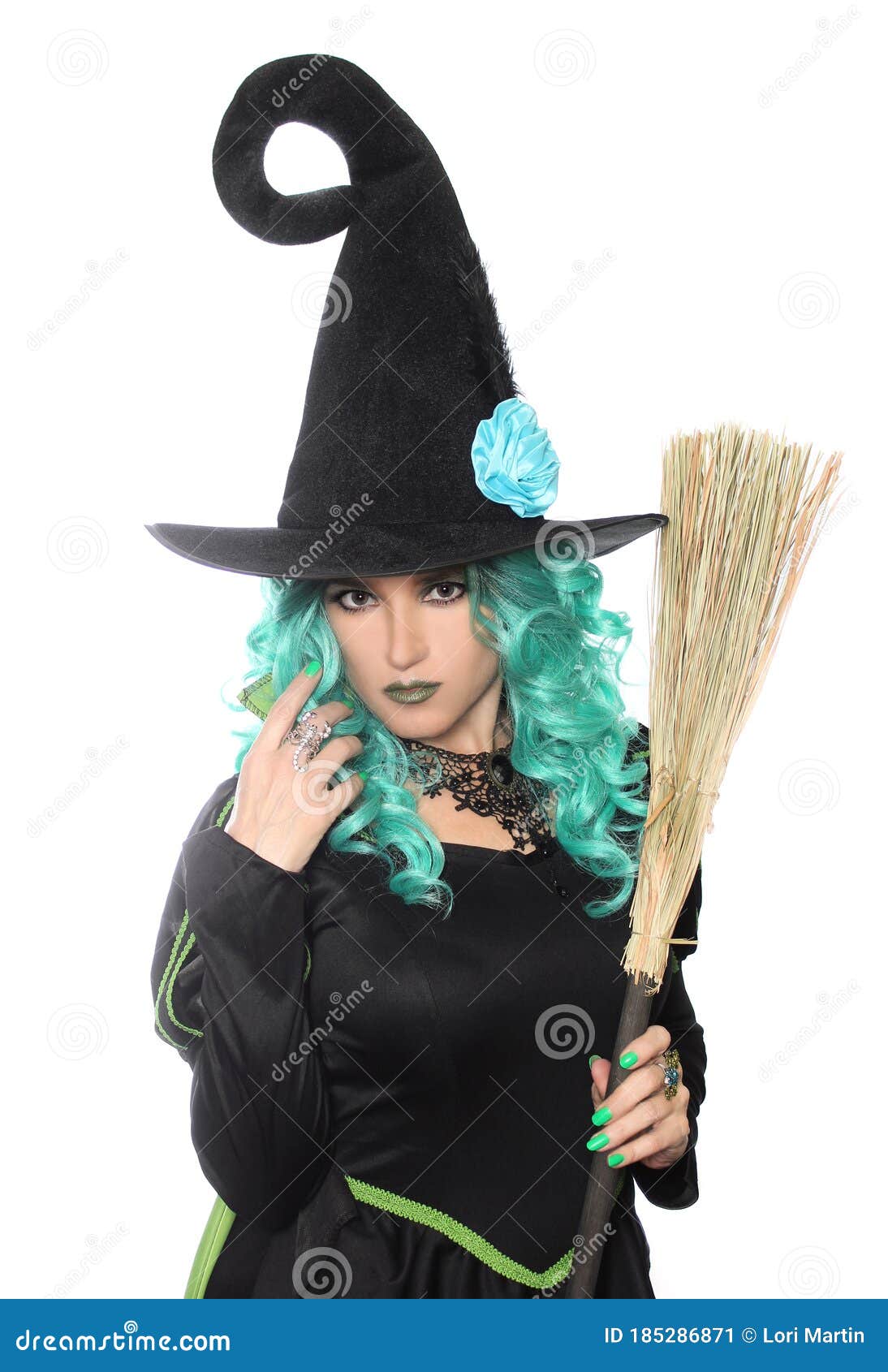 Green Haired Witch with Broom on White Background Stock Image - Image ...