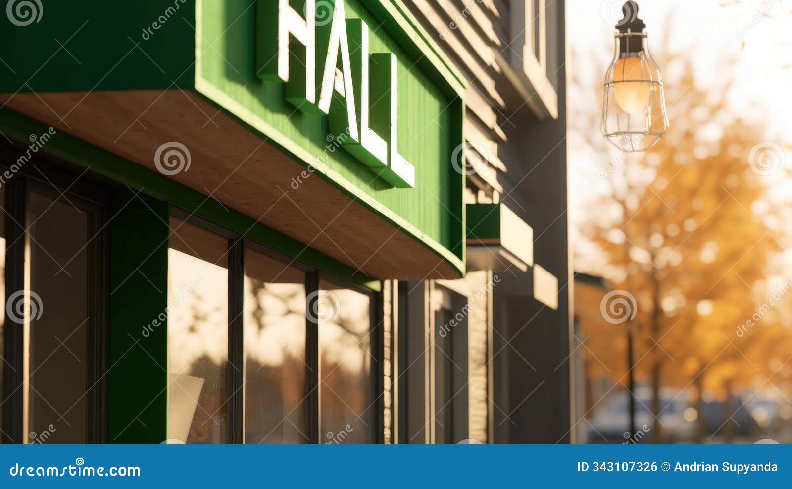 Green Hall Sign with Window and Autumn Tree Stock Illustration ...