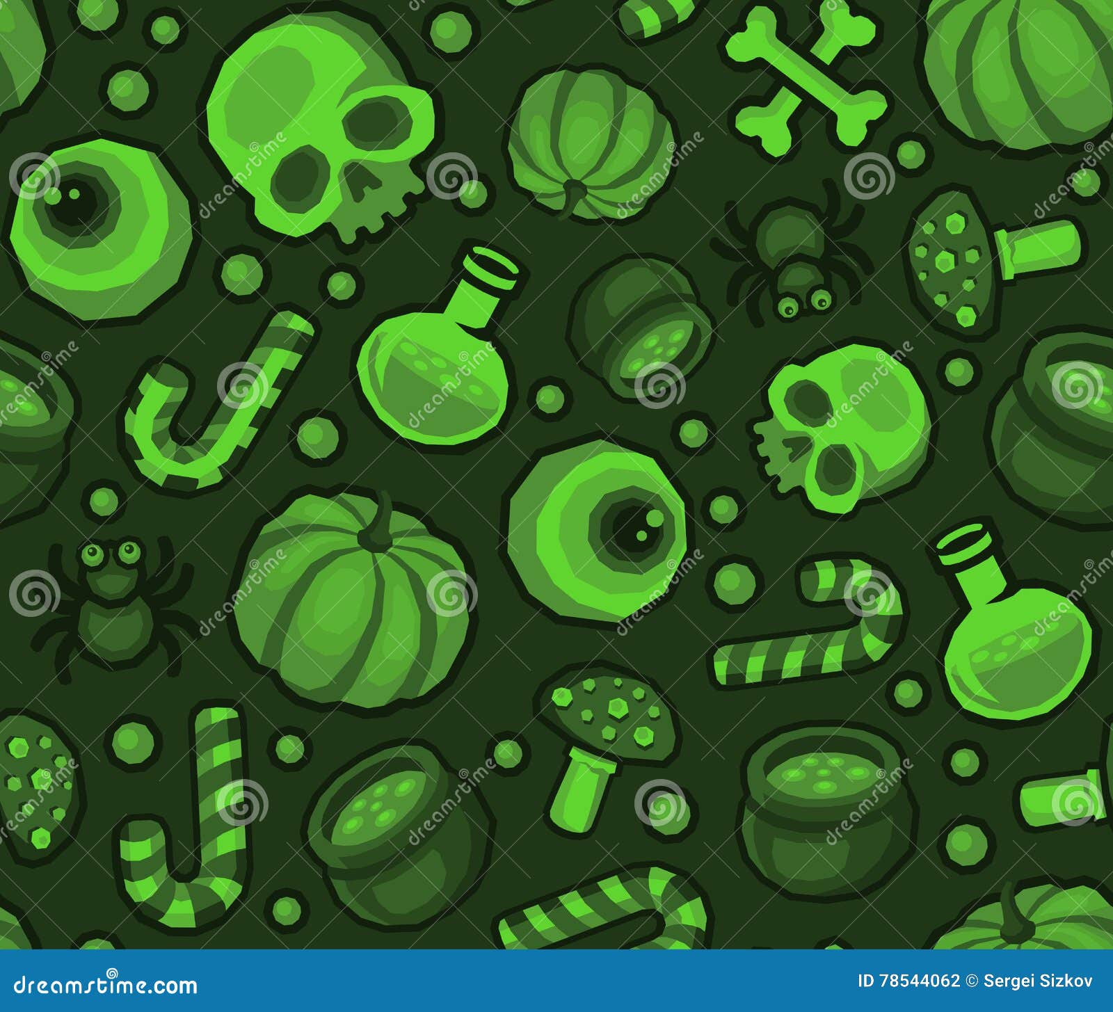 Green Halloween Seamless Pattern Background with Spider, Skull, Pumpkin ...