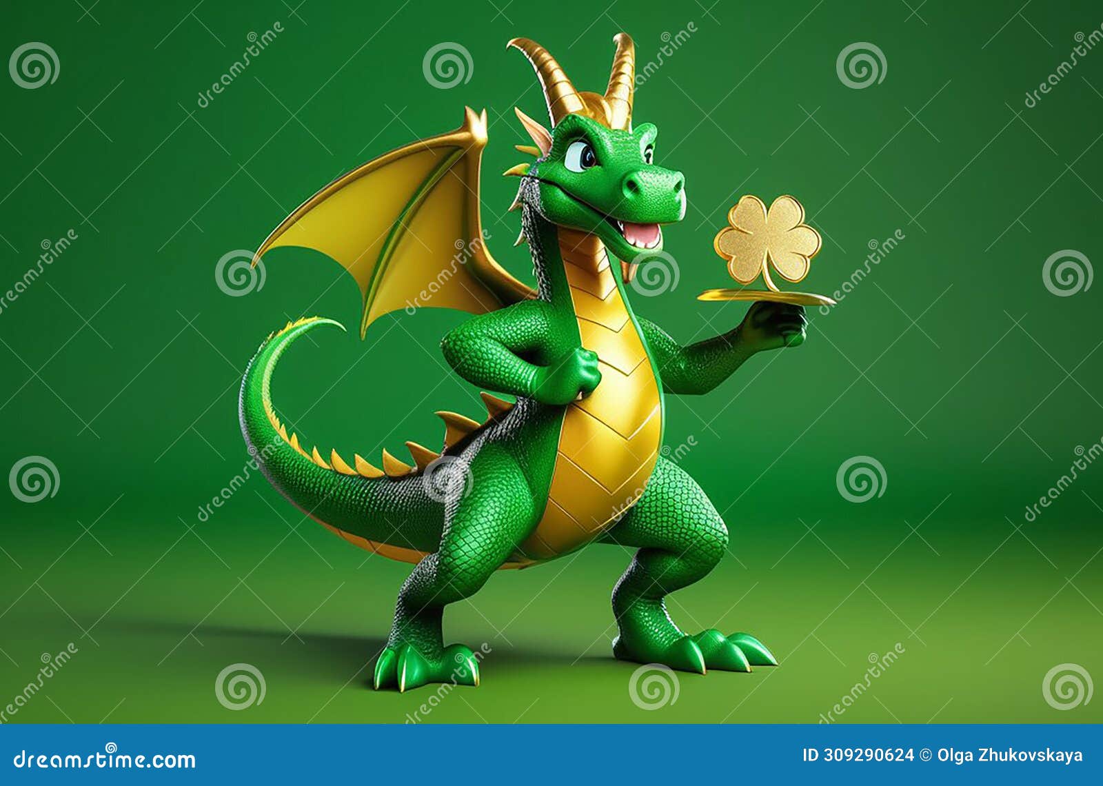 Green Happy Dragon with a Clover Leaf Stock Illustration - Illustration ...