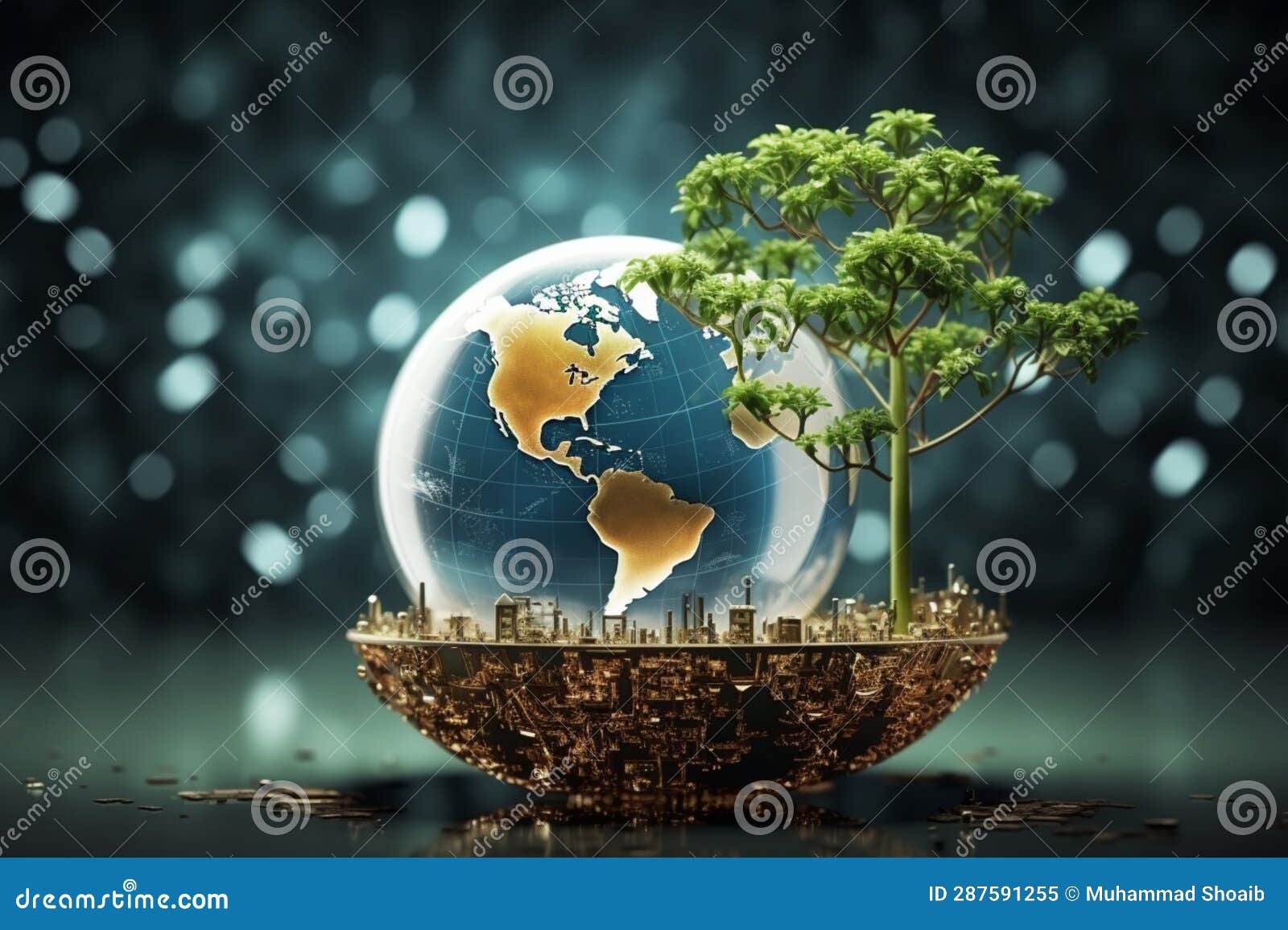 Green Harmony Tree on Earth, Abstract Blue Backdrop Fusing Eco-tech ...